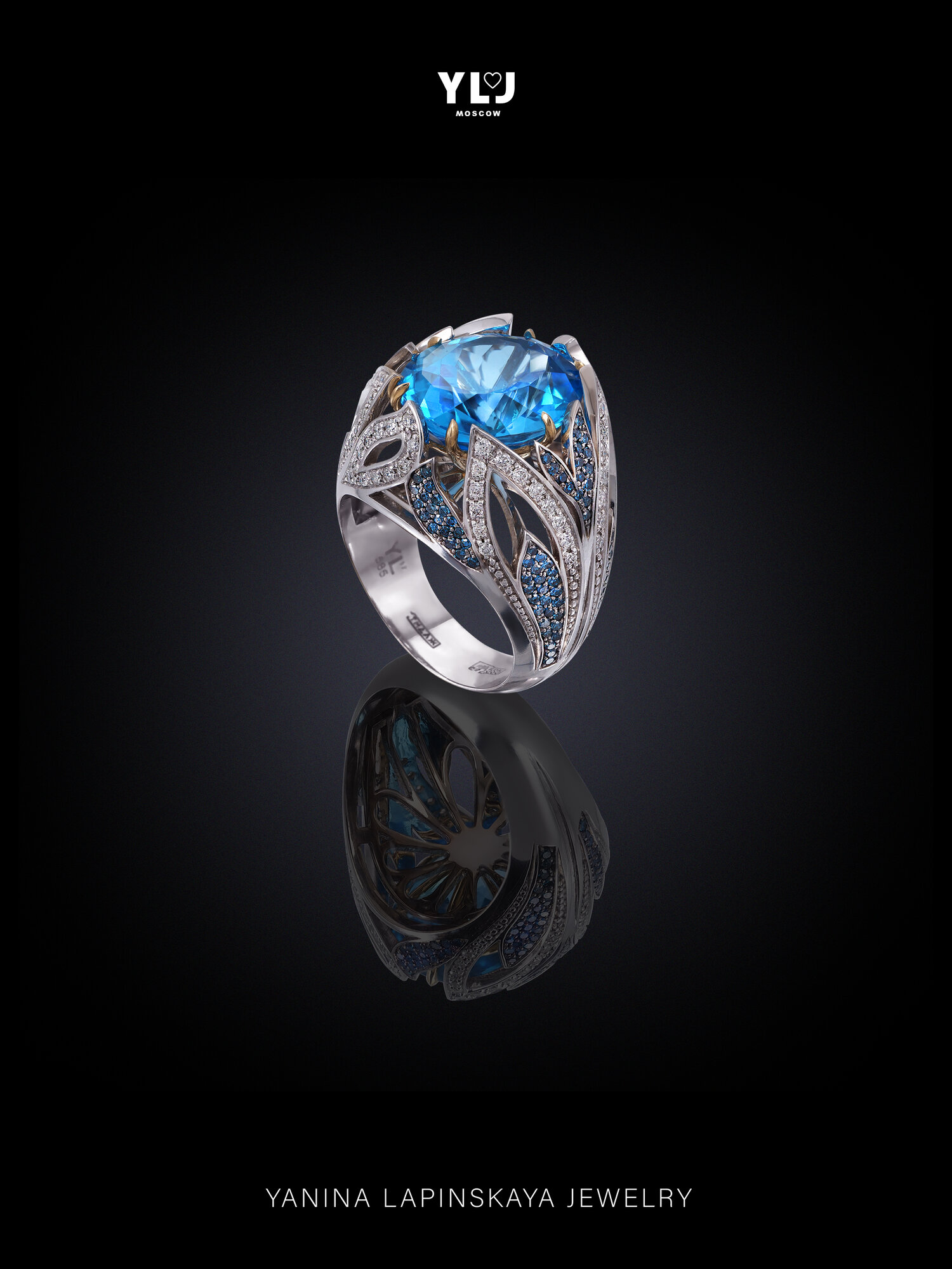 Перстень, белое золото, 585 проба, родирование, бриллиант, топаз