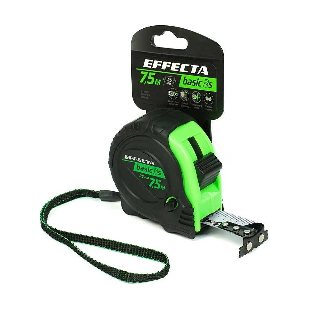 Рулетка с магнитом EFFECTA Basic 3S, стальная лента, обрезиненный корпус, клипса для ремня, класс точности