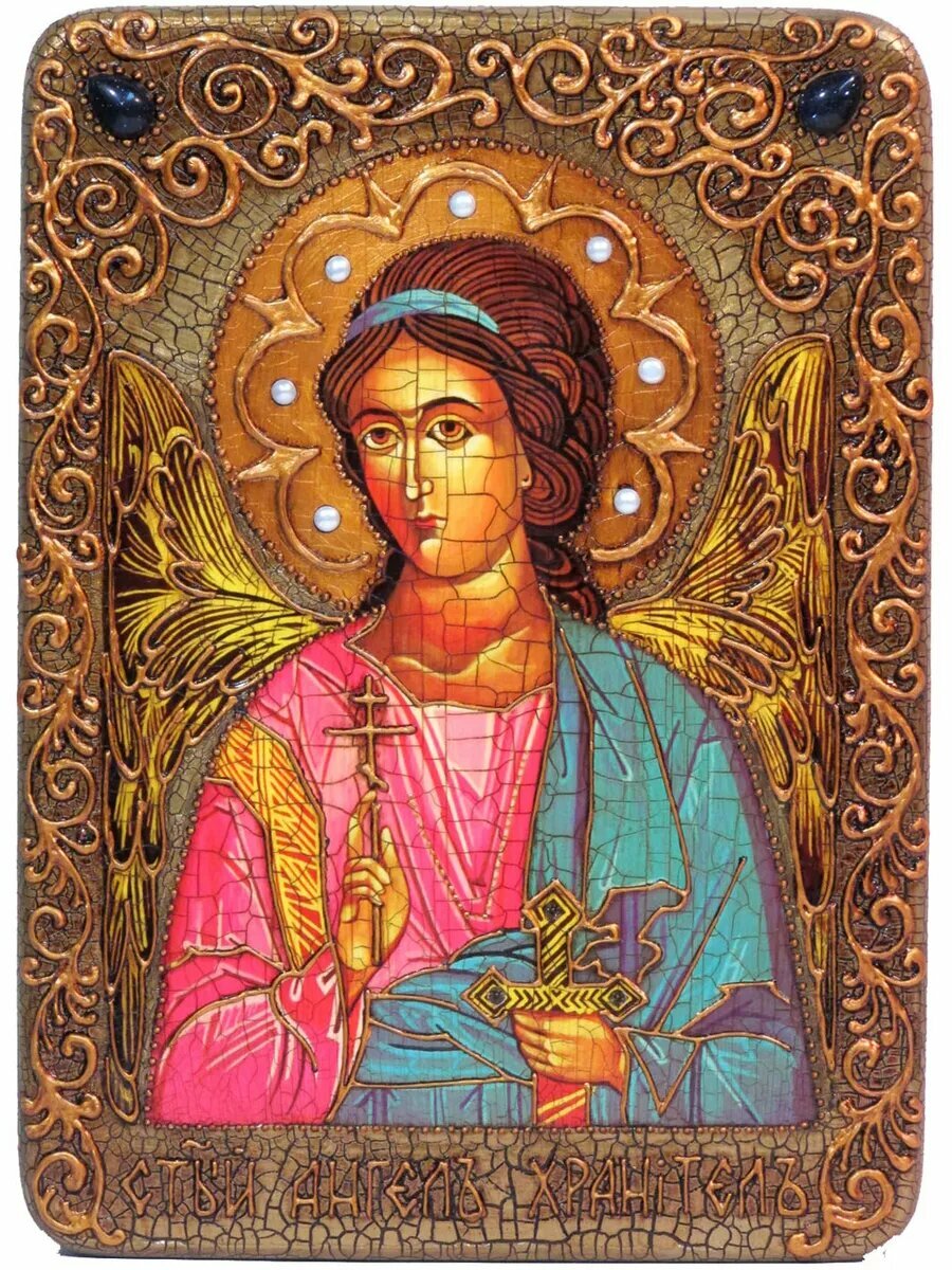 Аналойная икона Ангел Хранитель на доске из черного дуба 21х29 см