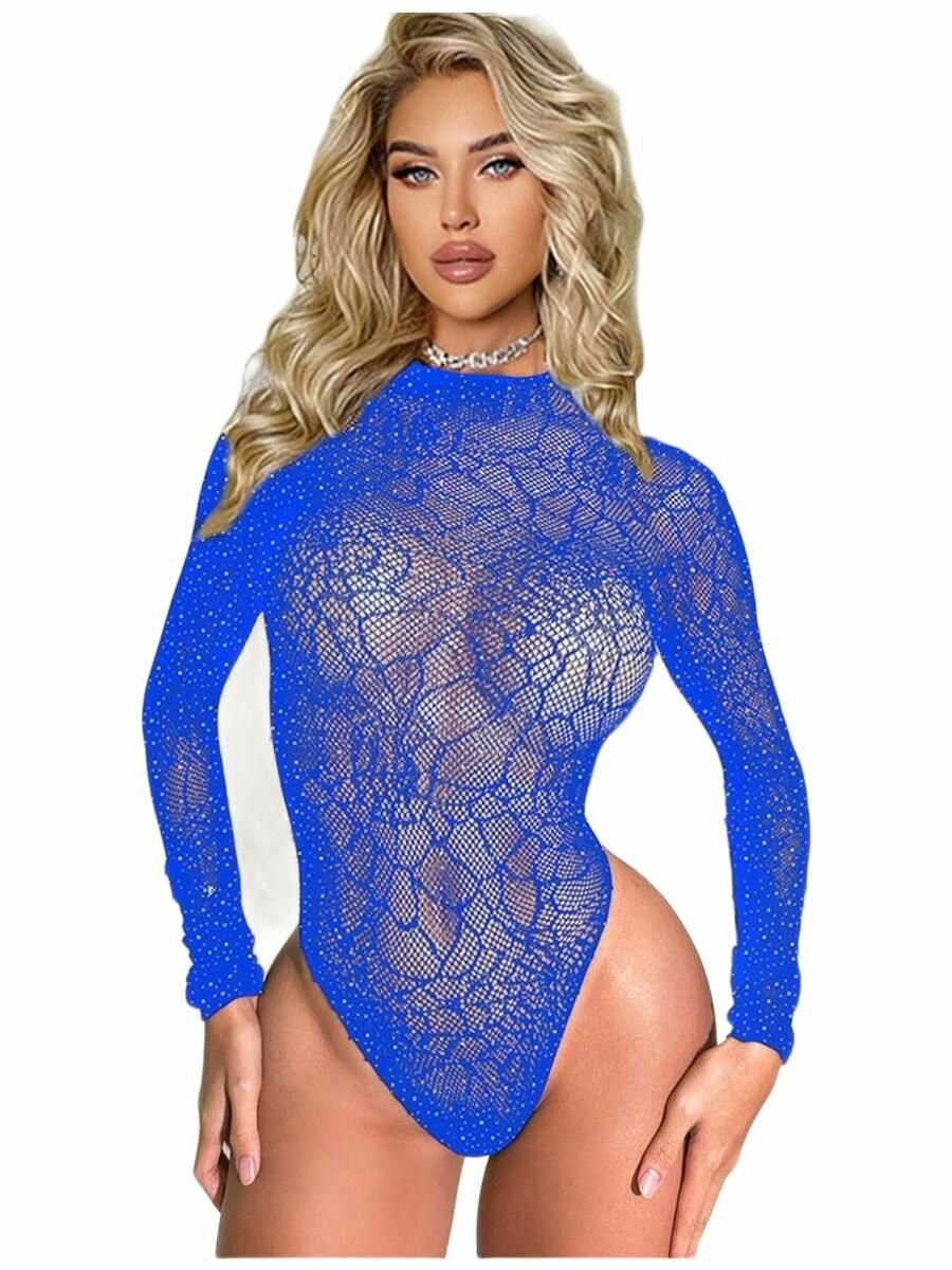 Черное боди с длинным рукавом из стрейч-сетки и стразами