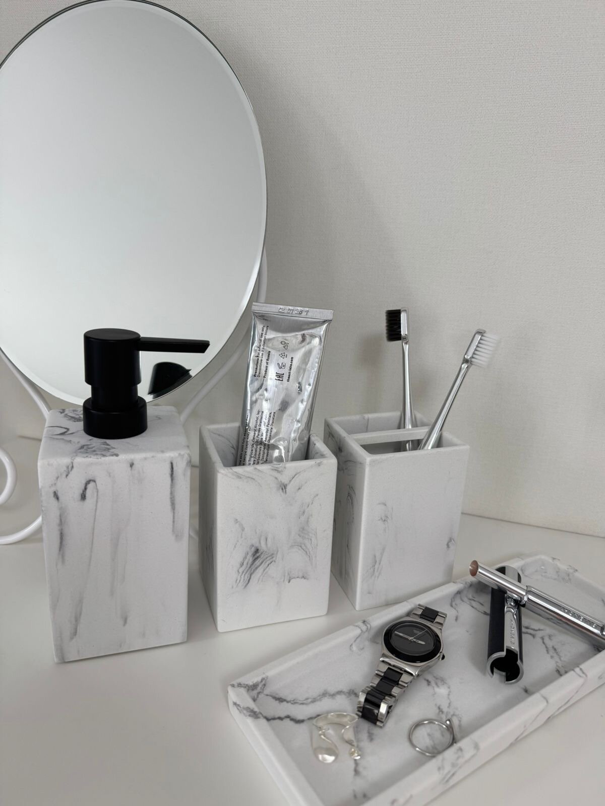 Набор аксессуаров для ванной комнаты, 4 предмета квадратный, белый мрамор