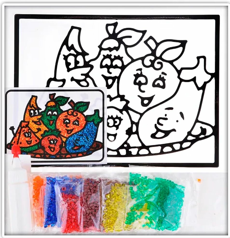 Набор для детского творчества Насыпь-наклей "Фрукты", картина своими руками по трафарету, детская фреска аппликация, в комплекте 6 пакетиков с бусинами, клей, рамка, рисунок