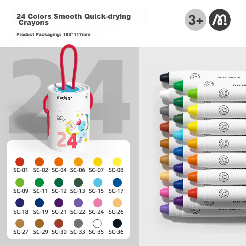 MiDeer Washable Oil Pastel Sticks for Kids, Non-Staining, Water-Soluble, Smooth, Quick-Drying Crayons - Colorful Bucket, 24 Colors