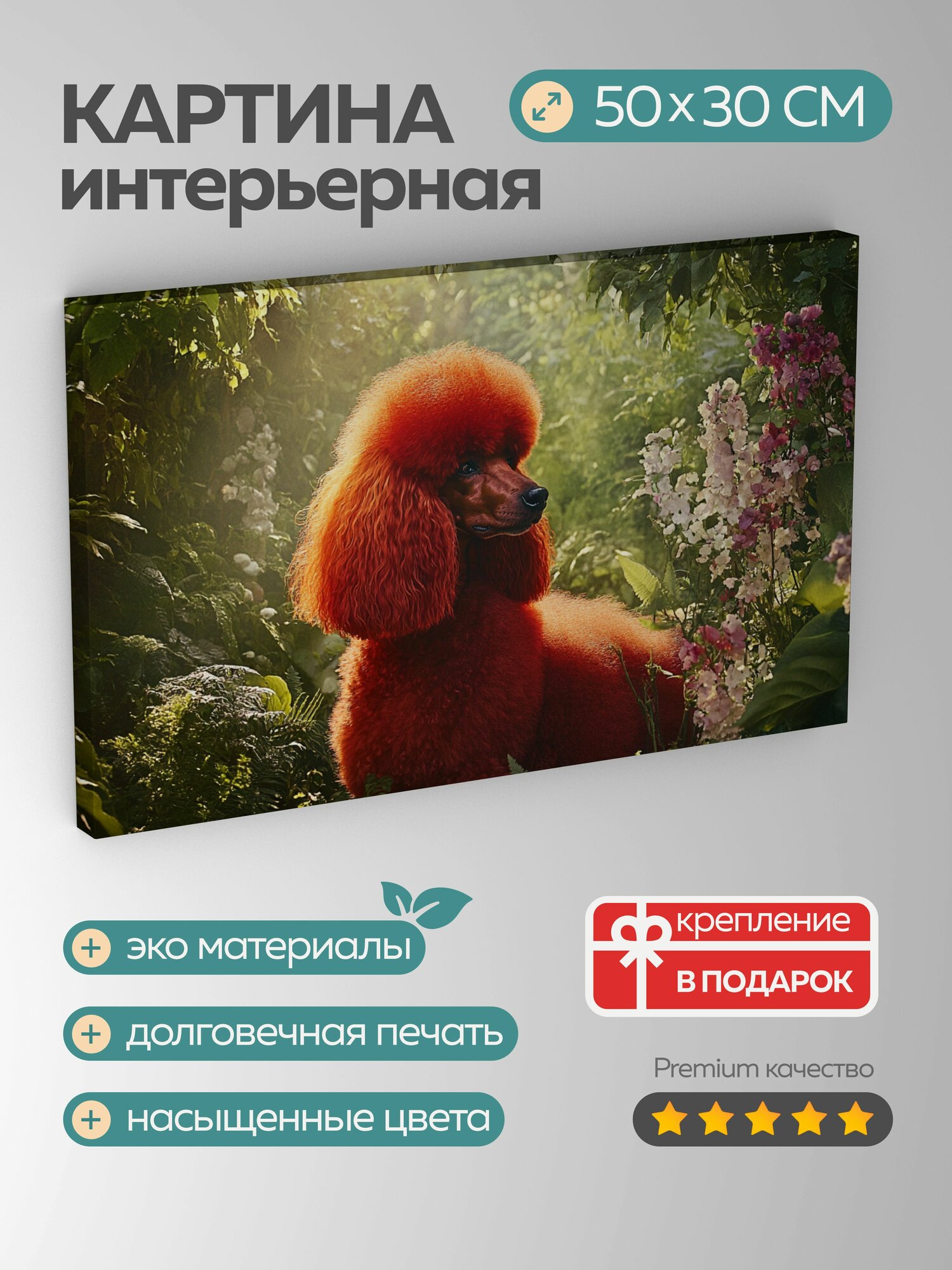 Картина на холсте интерьерная 50х30 см, Пудель, рыжая шерсть, разрешение, солнце, зелень, цветы, величественный, блеск