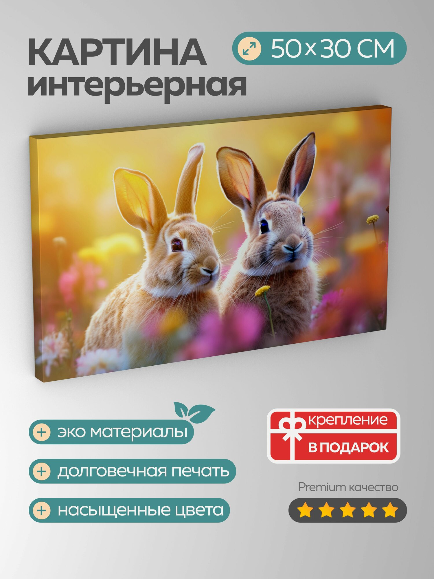 Картина на холсте интерьерная 50х30 см, зайцы, луг, цветы, глубина резкости, фон, игривость, фотография