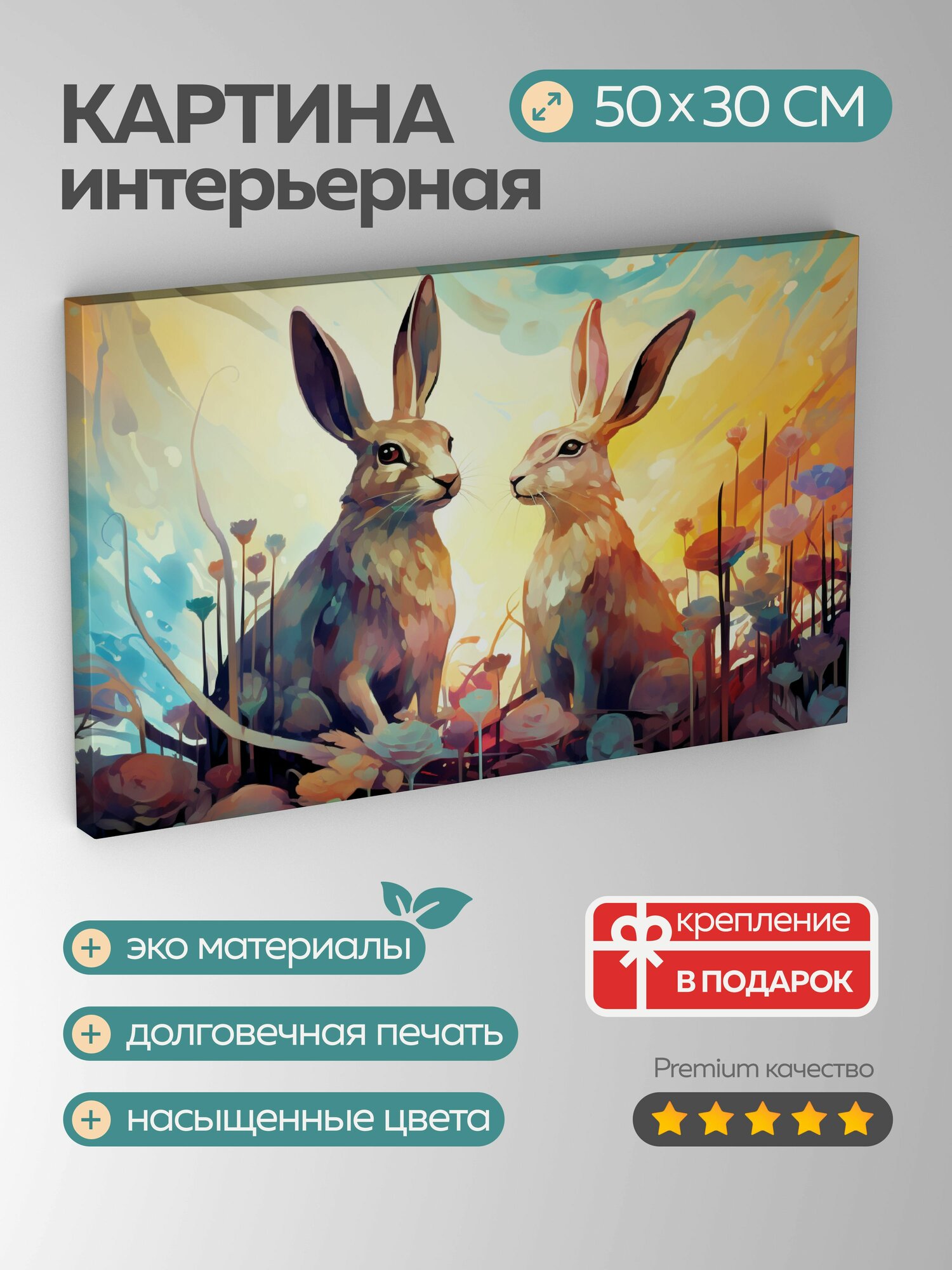 Картина на холсте интерьерная 50х30 см, цифровое искусство, зайцы, сказочная обстановка, переливающиеся цвета