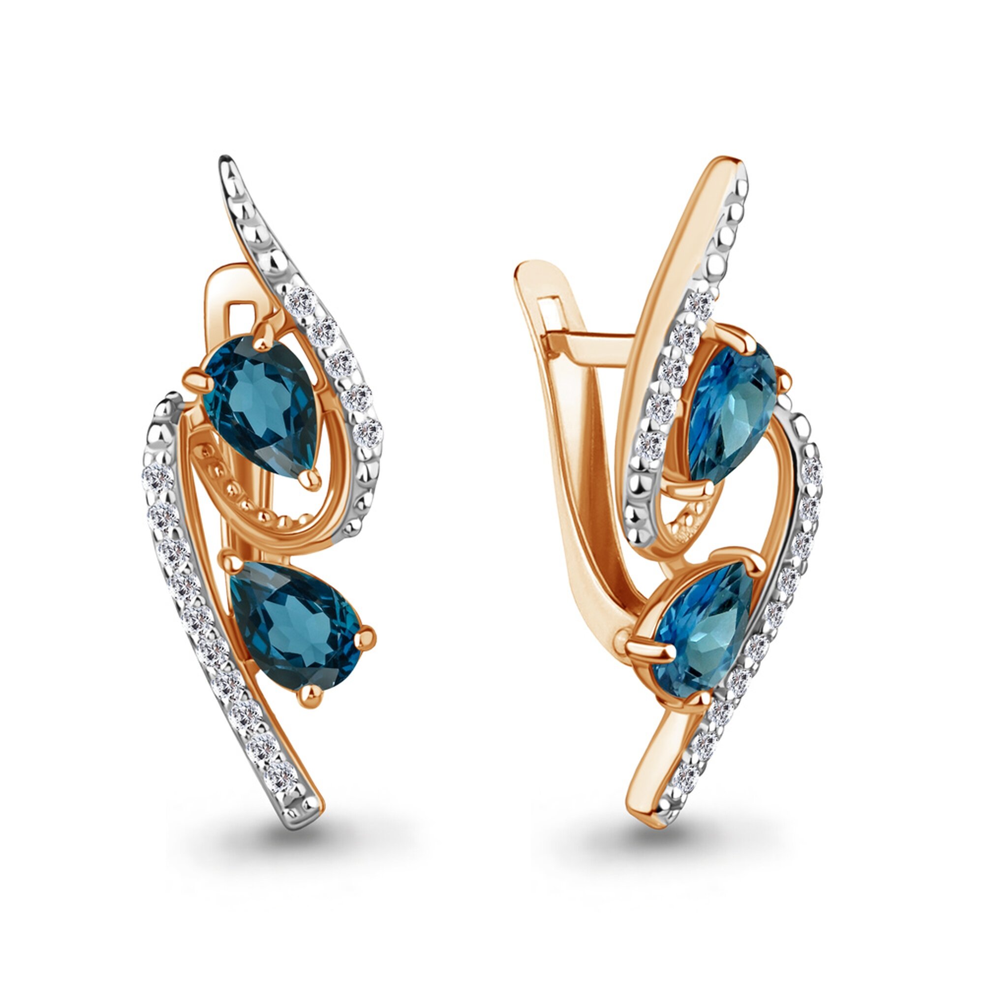 Серьги, серебро, 925 проба, золочение, фианит, Лондон топаз