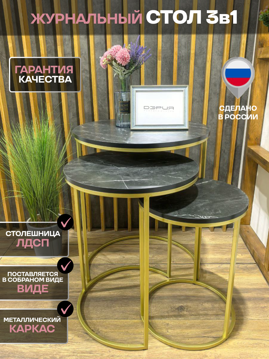 Столики журнальные "Лофт" 3 в 1, круглые, металлические, для офиса, 61х61х77 см