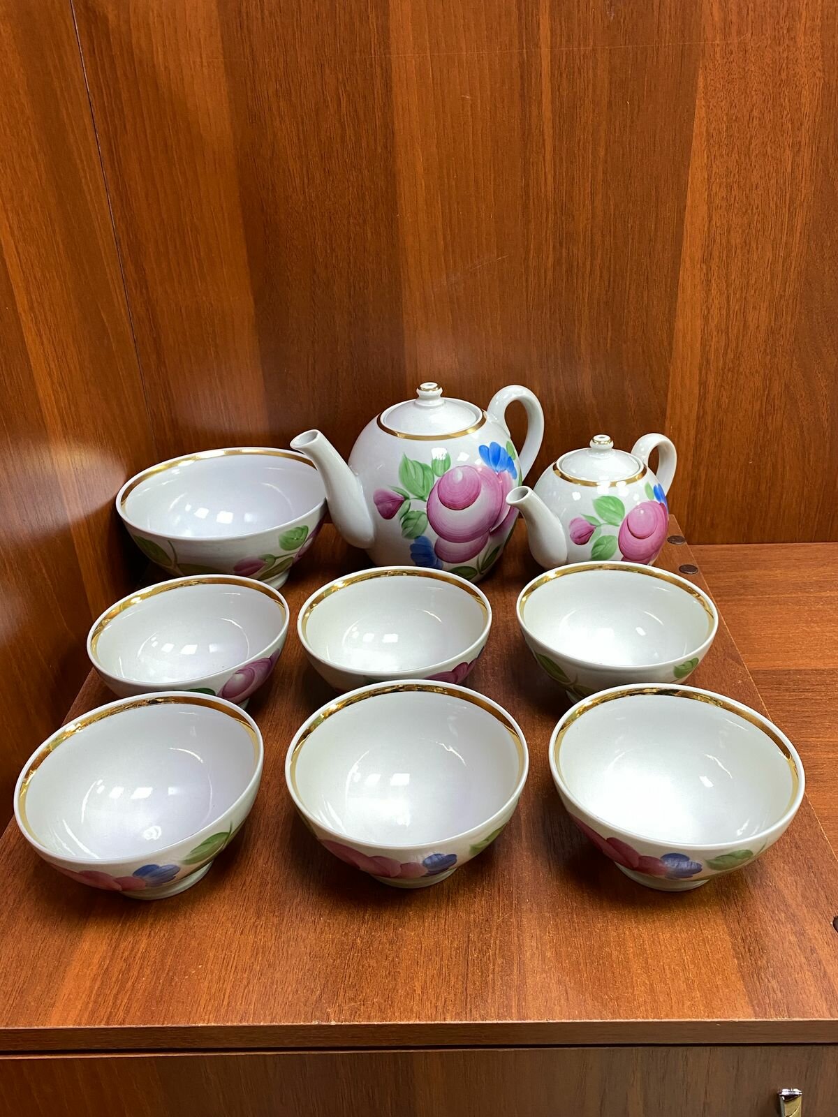 Чайный сервиз на 6 персон, 9 предметов "Цветы" Фарфор Позолота, Кузяевский ФЗ СССР