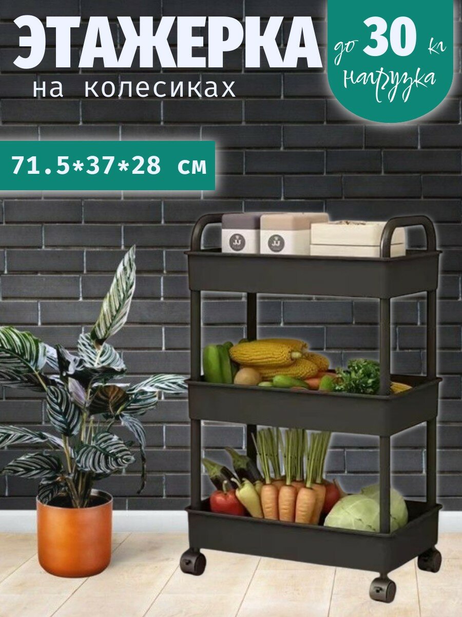 Этажерка широкая на колесиках с металлическими трубочками пластиковые полки