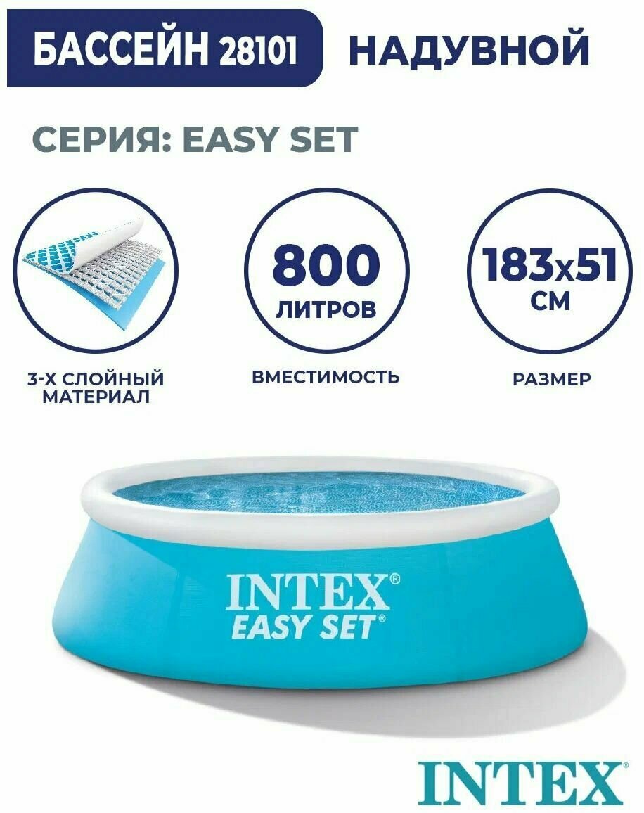 Бассейн надувной Intex EASY SET 28101, 180x50 см, ПВХ, голубой, 800 л