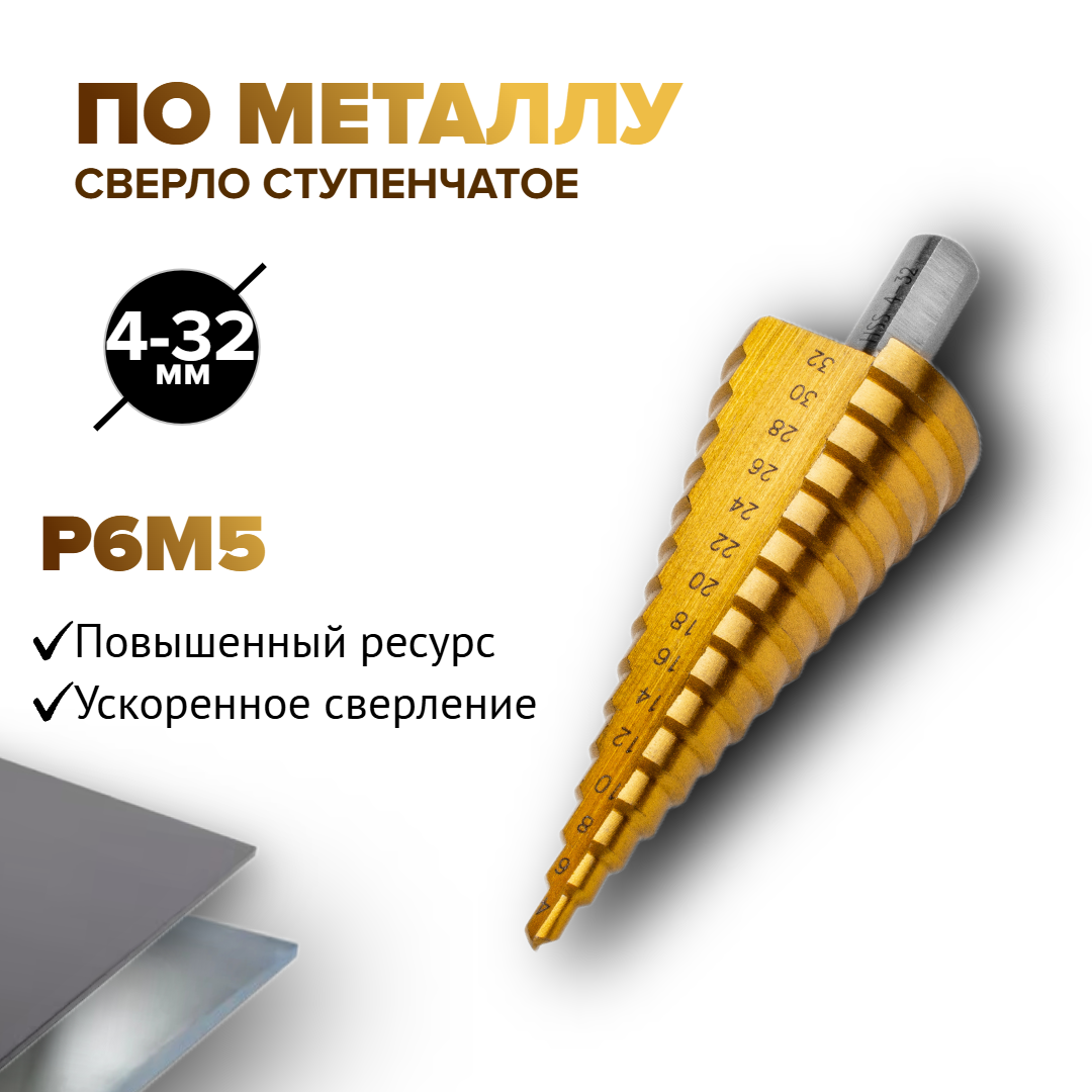 Сверло ступенчатое по металлу 4-32мм, с ускоренным сверлением.