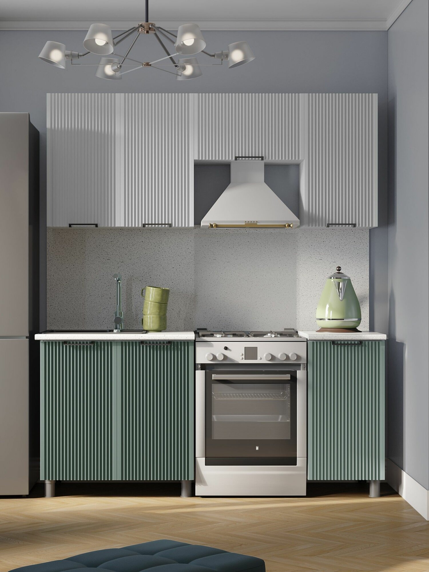 Кухонный гарнитур с окапом Кампео МДФ 1,8м белый снег/бриз без столешницы