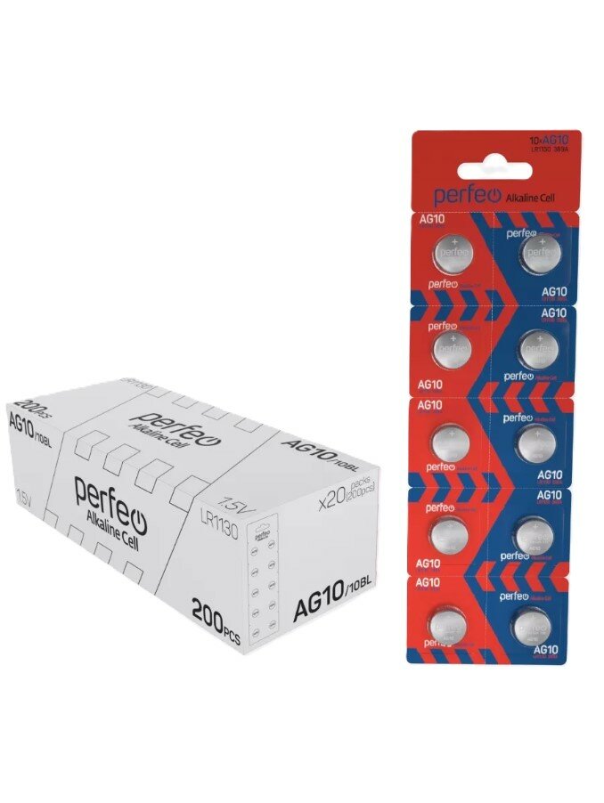 Батарейки Perfeo LR1130 (AG10,389A) Alkaline Cell, 200шт(20x10шт), 1.5V