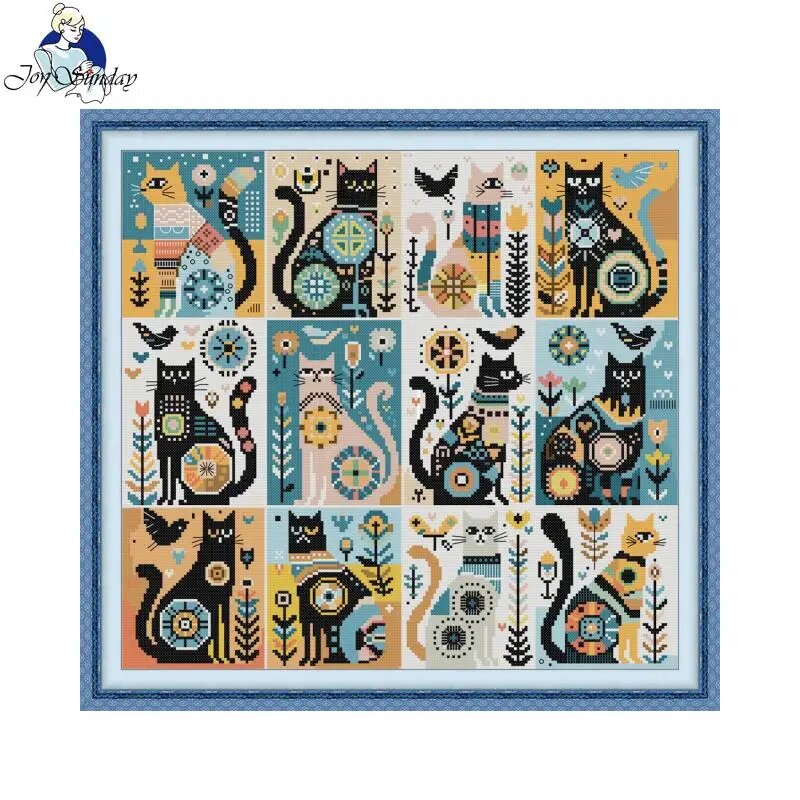 Набор для вышивки крестом Joy Sunday, двенадцать черных кошек, HD узор, ткань с принтом, Canva Aida 16/14/11CT, набор для вышивания «сделай сам»