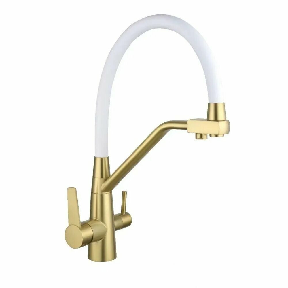 Смеситель для кухни под фильтр и краном для питьевой воды с гибким силиконовым поворотным изливом Luanniao золотой сатин/Белый, латунь/силикон