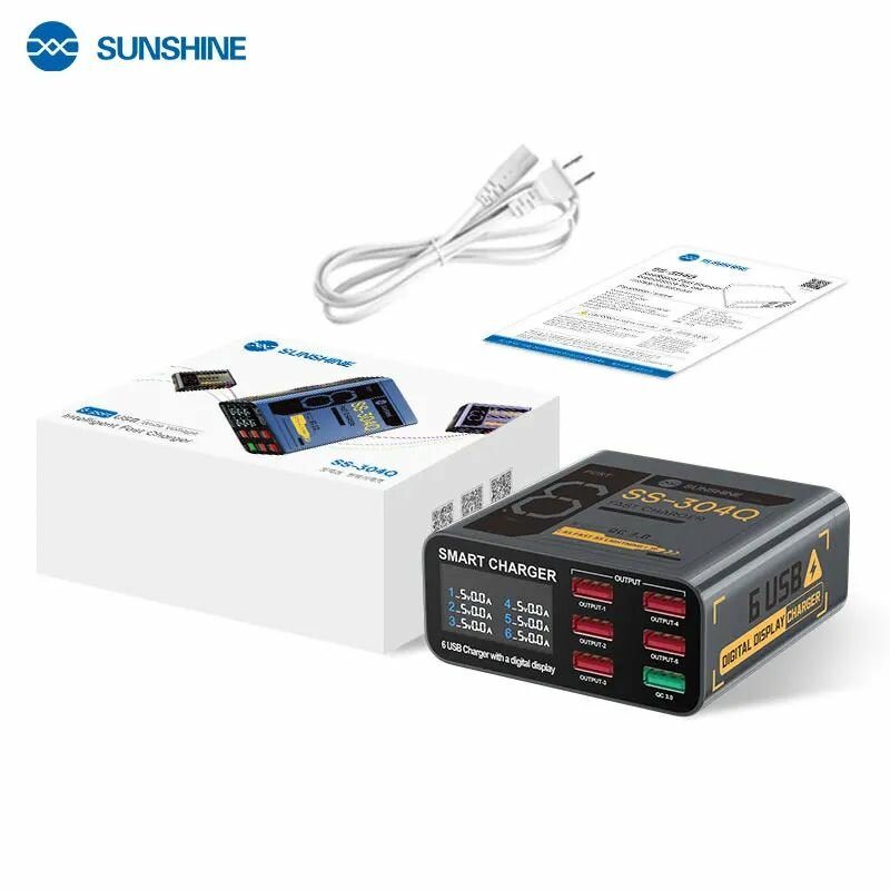 SUNSHINE SS-304Q - 6-port USB-шargery с цифровым дисплеем, быстрый заряд по QC3.0, совместим с многими устройствами