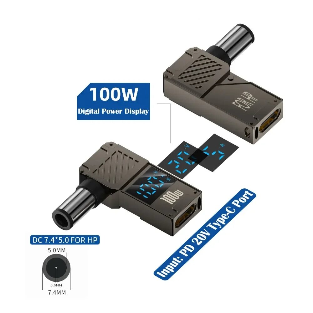 Преобразователь USB-C в DC 7.4x5.0 для HP, 100W