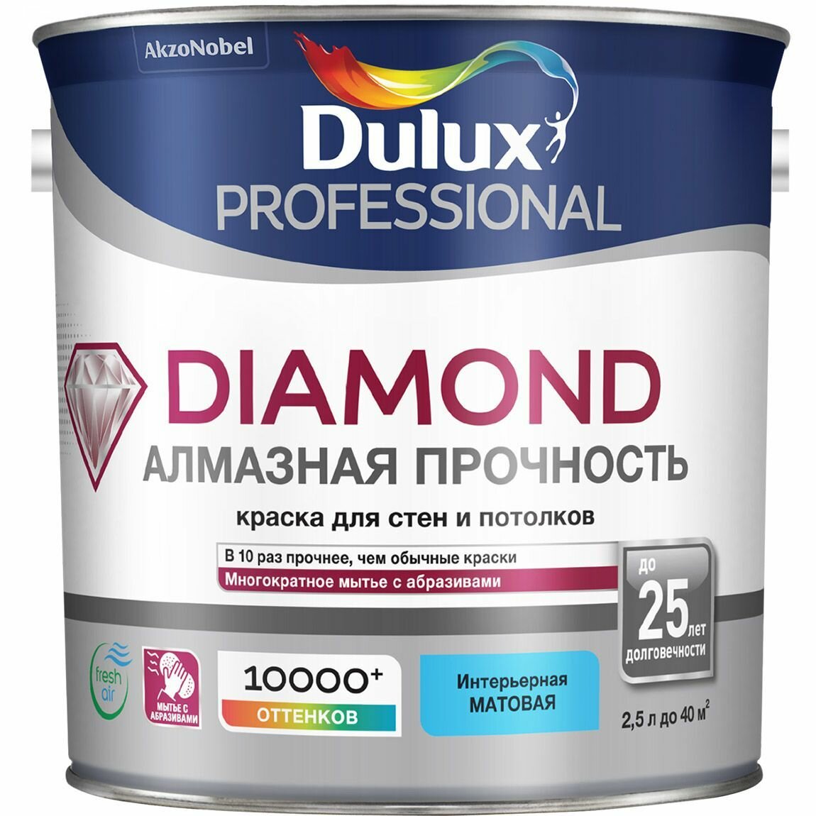 Краска на водной основе для стен и потолков водно-дисперсионная моющаяся Dulux Diamond Matt Алмазная Прочность матовая база BW цвет белый 2.5 л