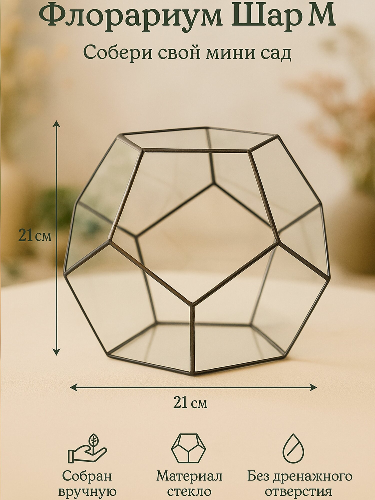 Флорариум, стеклянная ваза Шар M (Medium, средний) 21*21 см