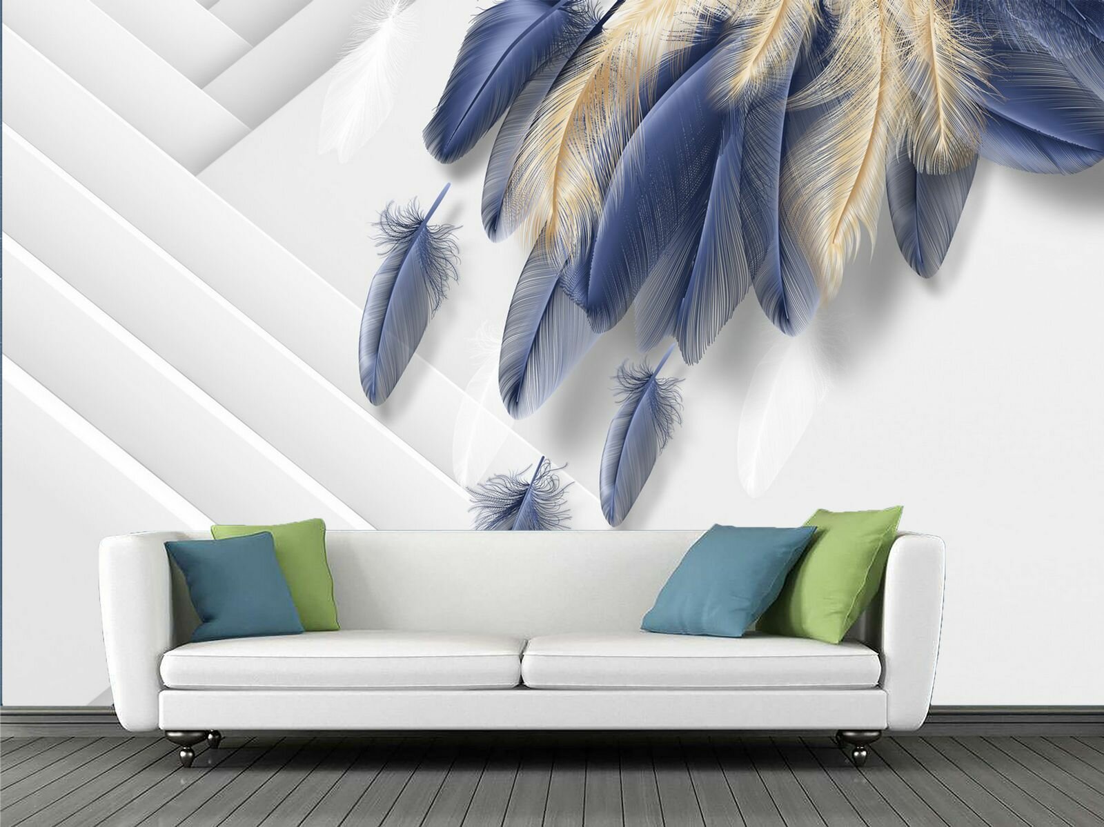 Фотообои на стену антивандальные 400х260см Синие перья винил на флизелине