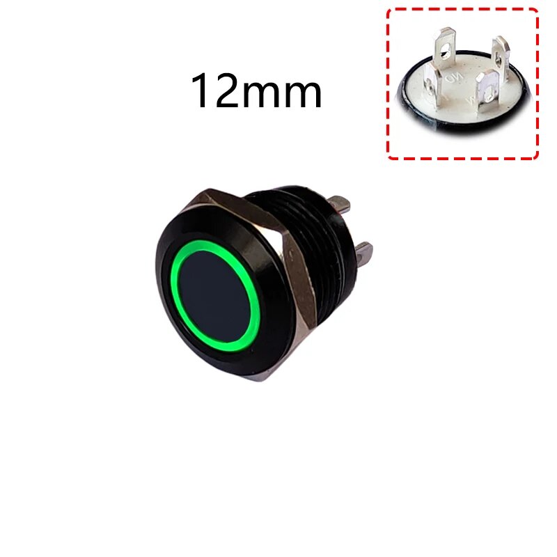 Суперкрошечный черный металлический кнопочный переключатель 12 мм, класс защиты IP65, лампа 3-24 В, 50 мА, кольцевой переключатель без блокировки, замена логотипа для приборной панели компьютера