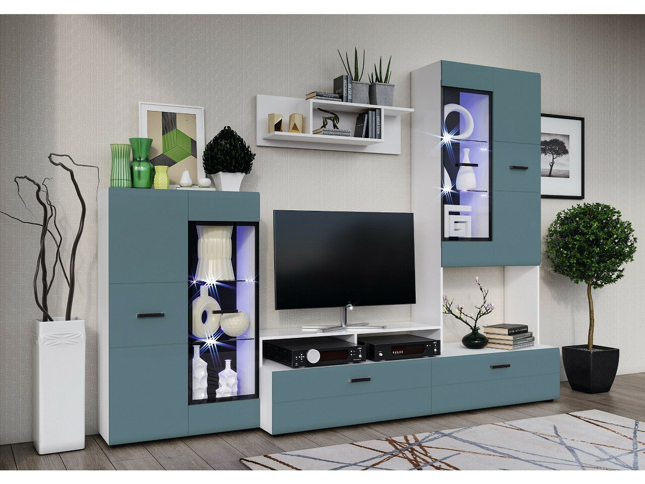 Гостиная Вариант №3, современная, фасады из МДФ, (Браш Блю, Белый)