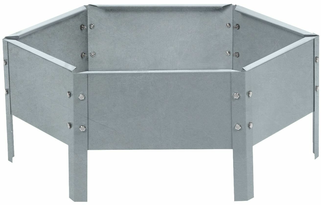 Клумба садовая оцинкованная, одноярусная шестиугольная для дачи, сада и огорода, декоративное ограждение сборное для цветов, диаметр 60 см, высота 15 см, цвет серый