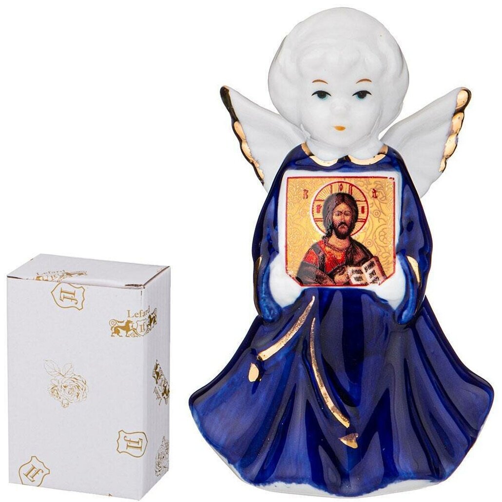 Фигурка "Ангелочек" из фарфора, 10 см, синий с золотом, декор интерьера и подарок