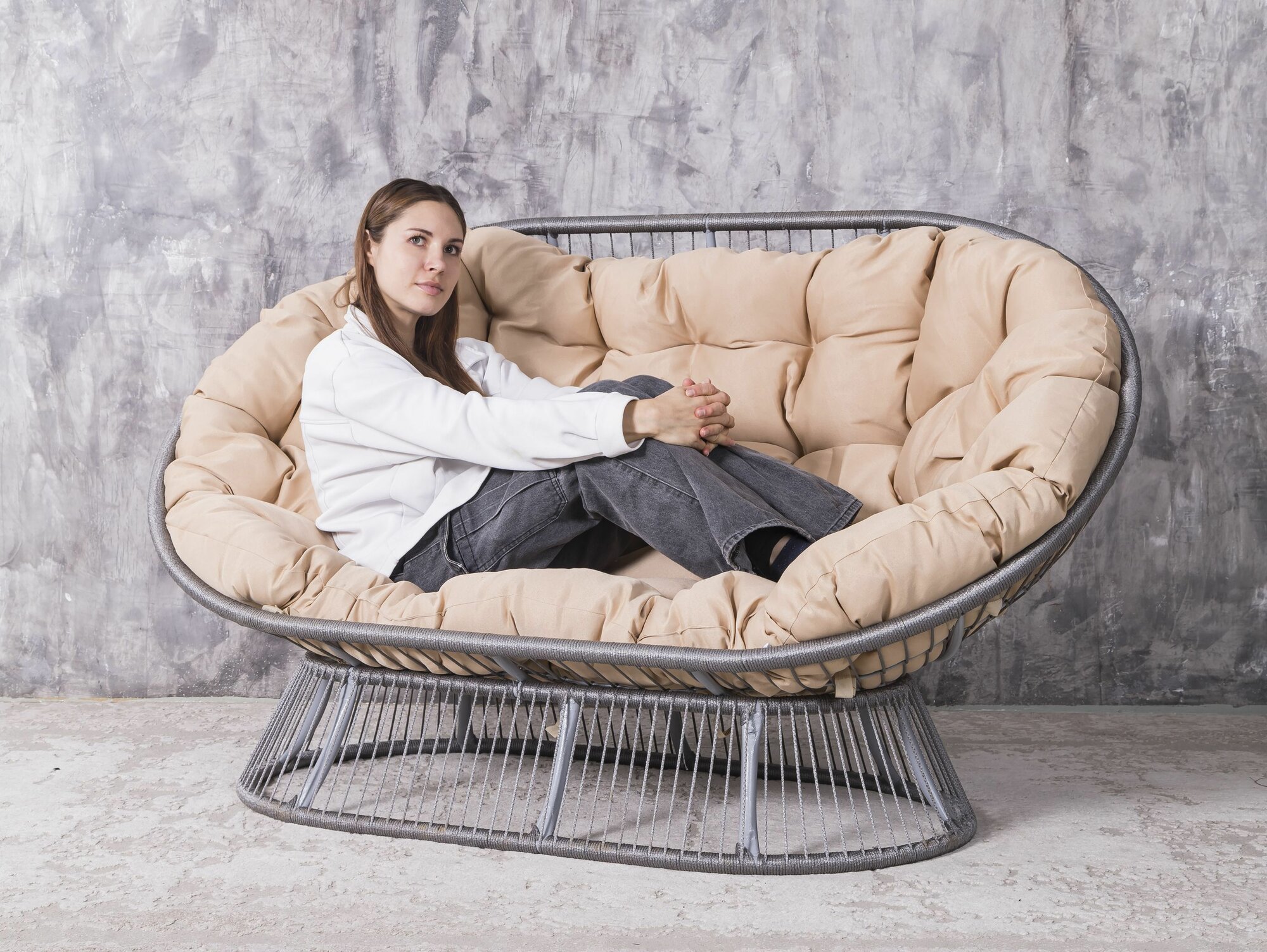 Диван садовый мамасан плюс ROPE шнур светло-серый + подушка бежевая