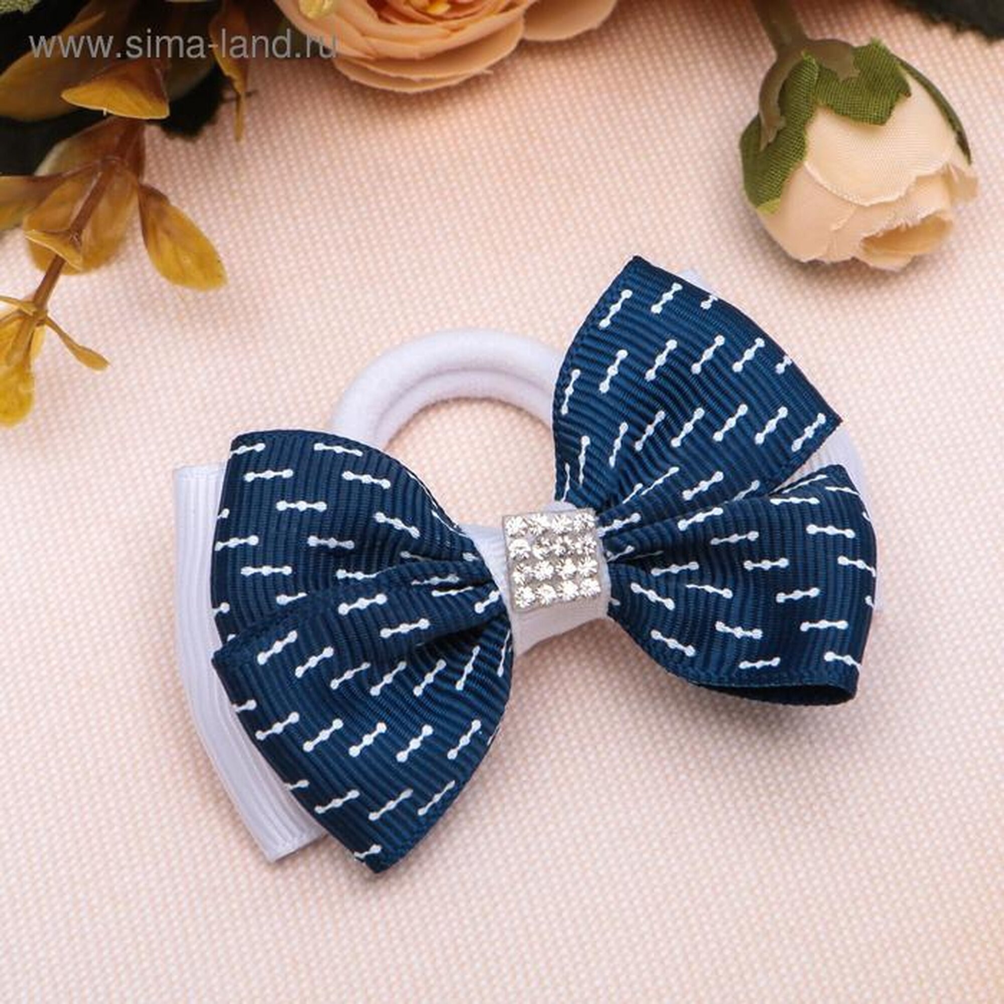 Резинка для волос «Школьница», бант штрихи, 6.5 см, сине-белая