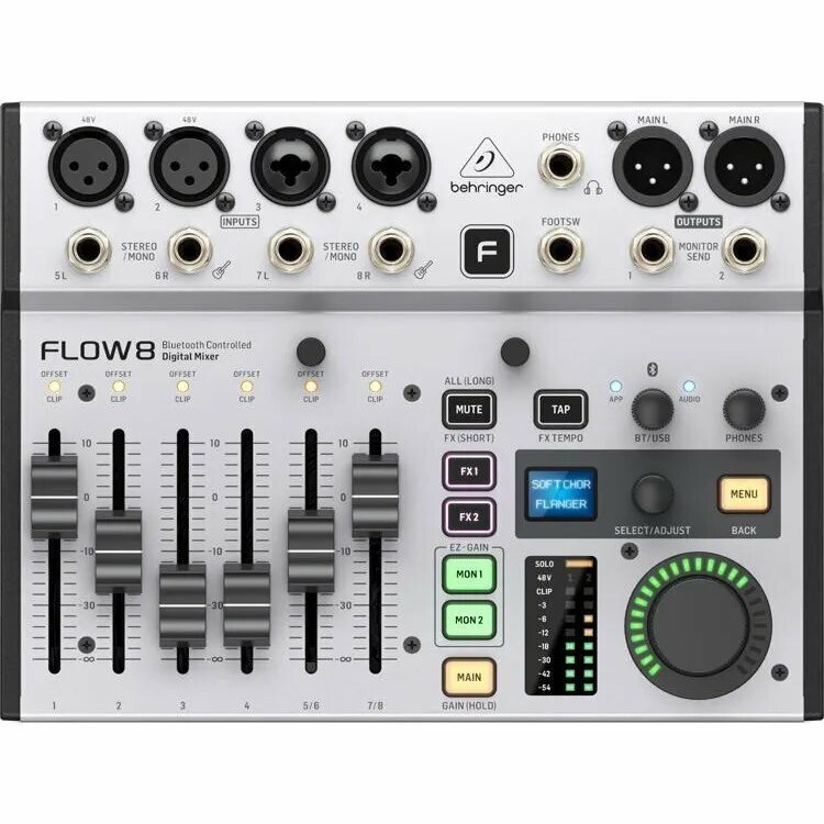 BEHRINGER FLOW 8 - цифровой микшерный пульт, 4 TRS входа, 2 XLR входа, USB порт
