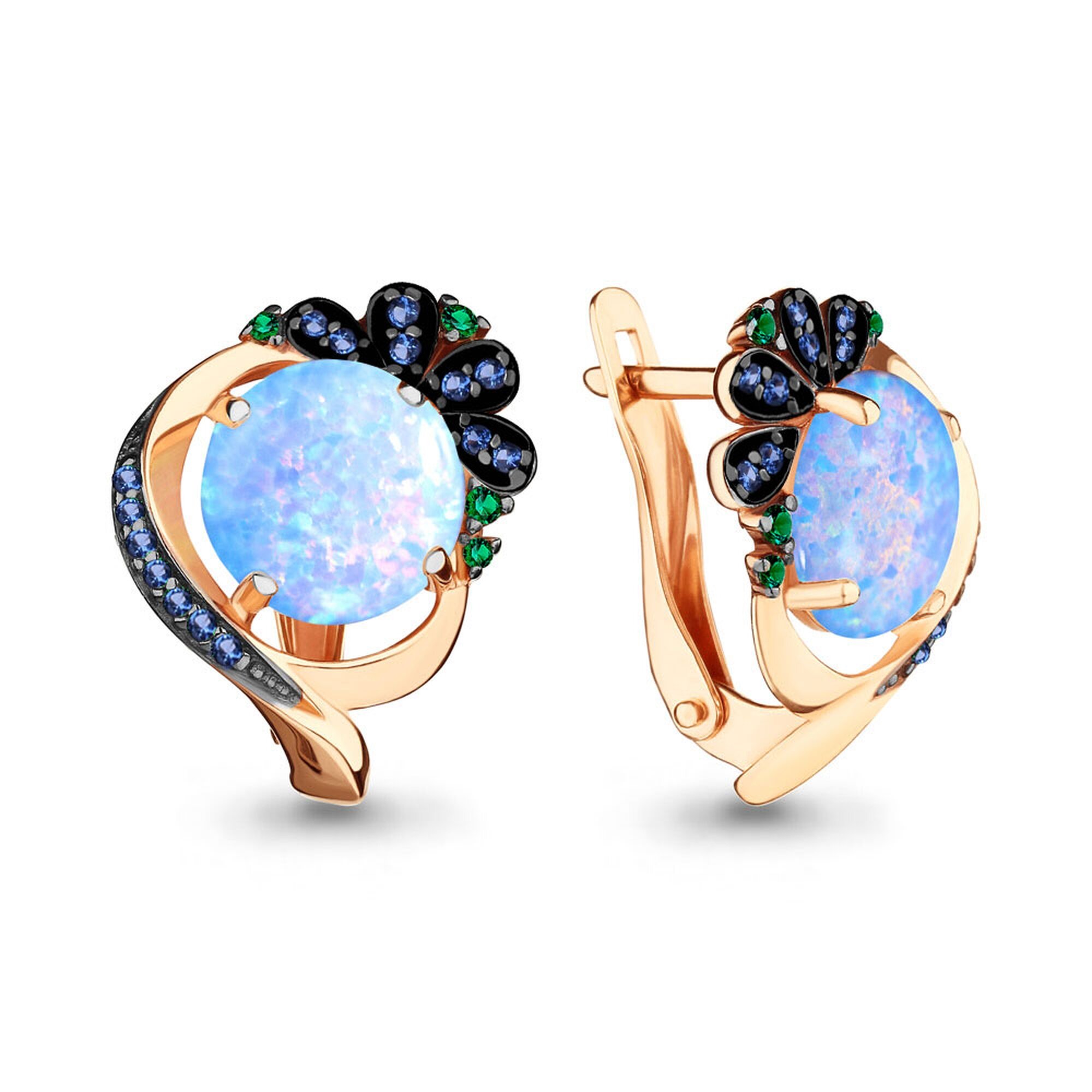 Серьги, серебро, 925 проба, золочение, сапфир синтетический, опал, изумруд синтетический