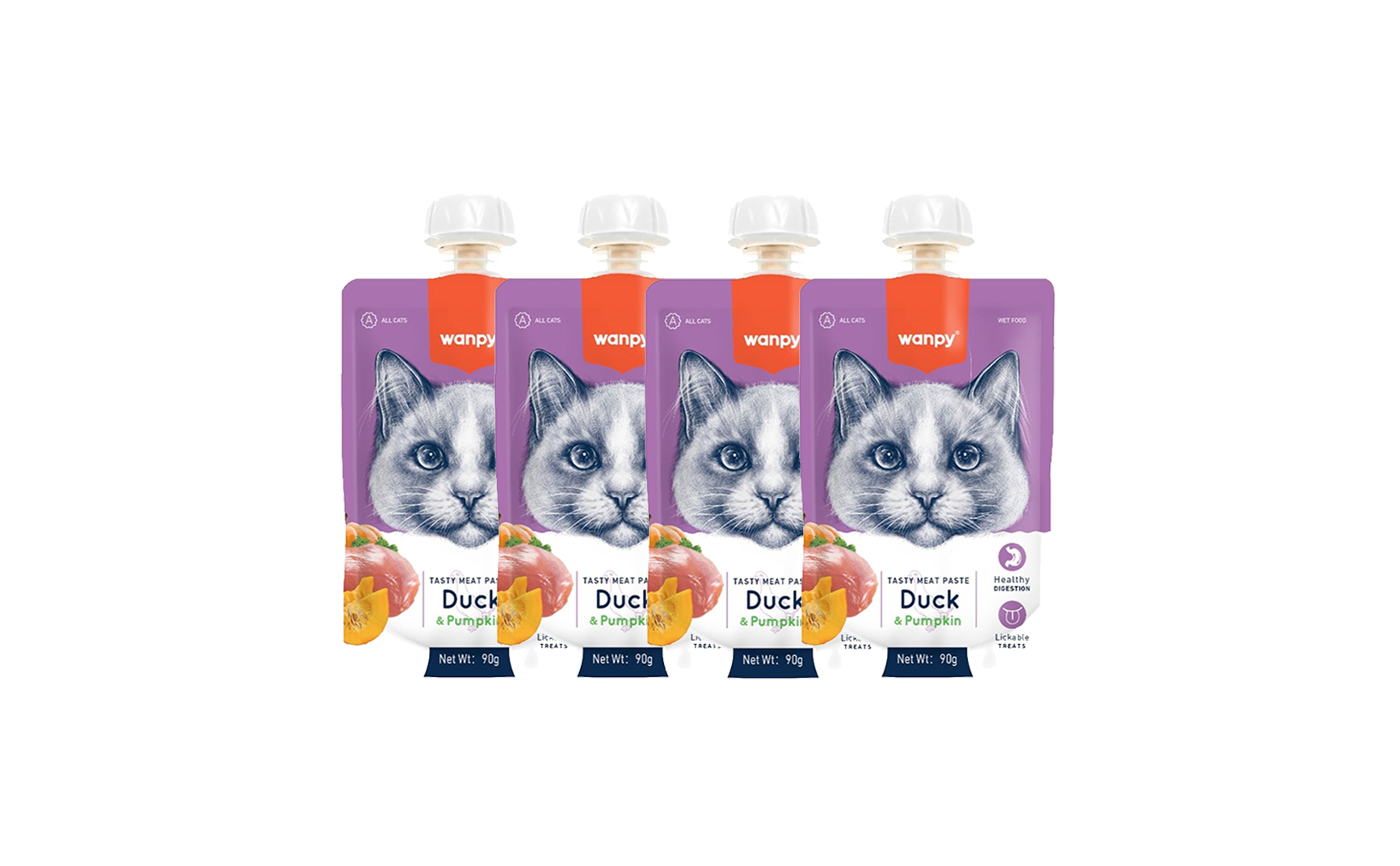 Wanpy Cat Лакомство для кошек Мясное пюре из утки и тыквы 90 г x 4 шт.