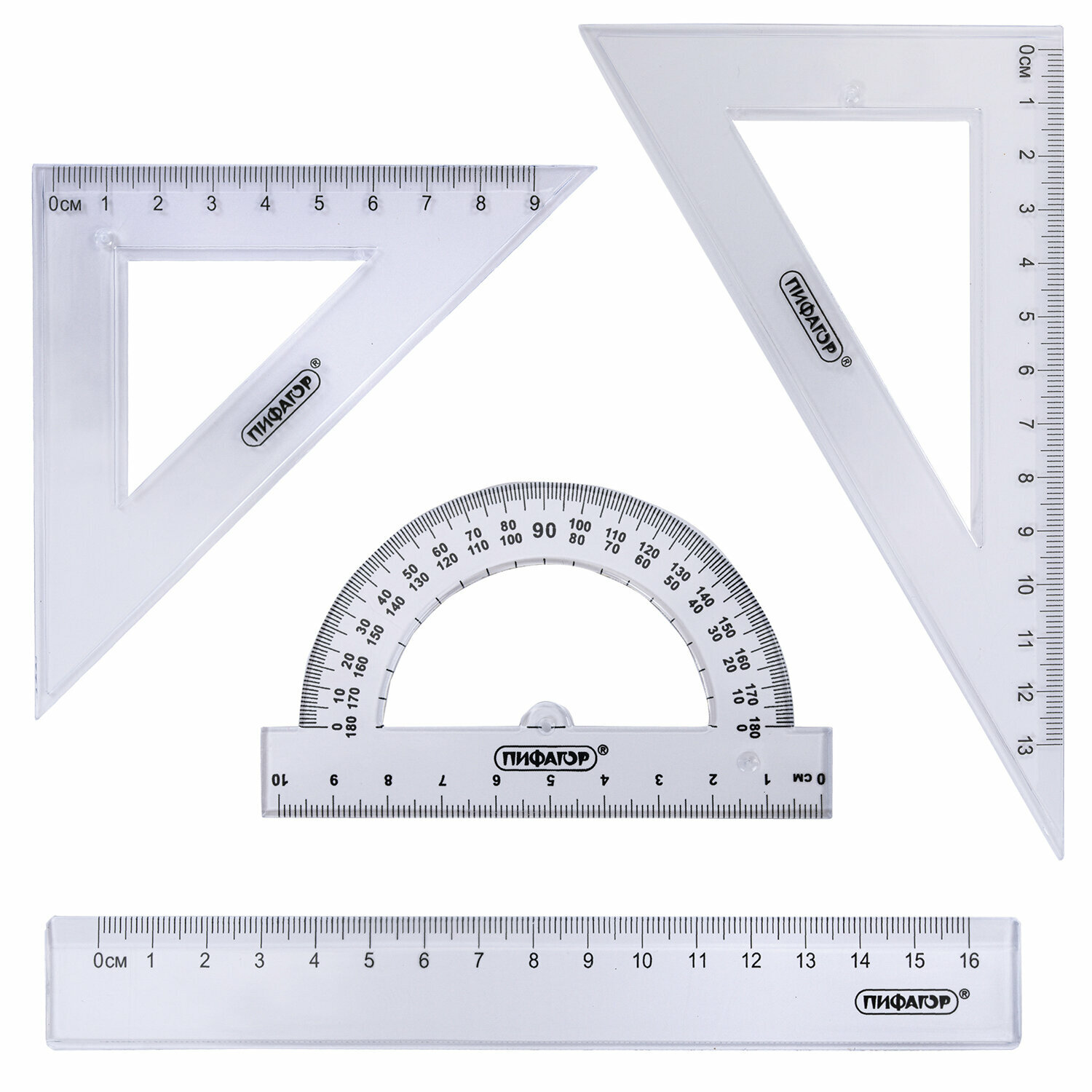 Упаковка 12 шт. Набор чертежный пифагор (линейка 16 см, 2 треугольника, транспортир), прозрачный, европодвес, 210850