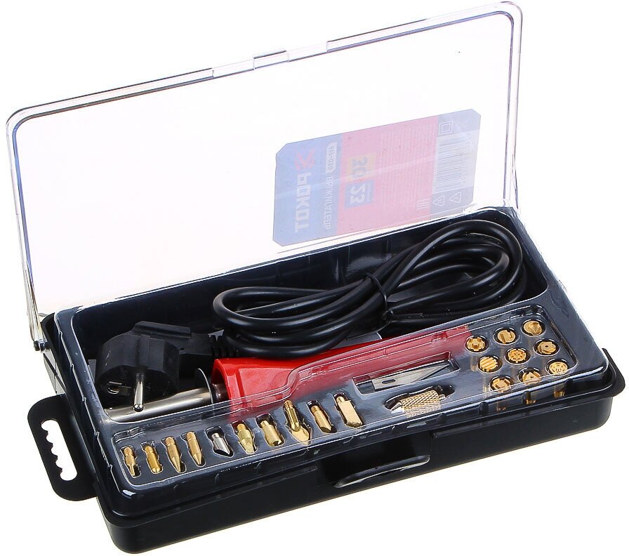 Рокот Выжигатель 30 Вт, 23 предмета, насадки для выжигания, жала разной формы и диаметра