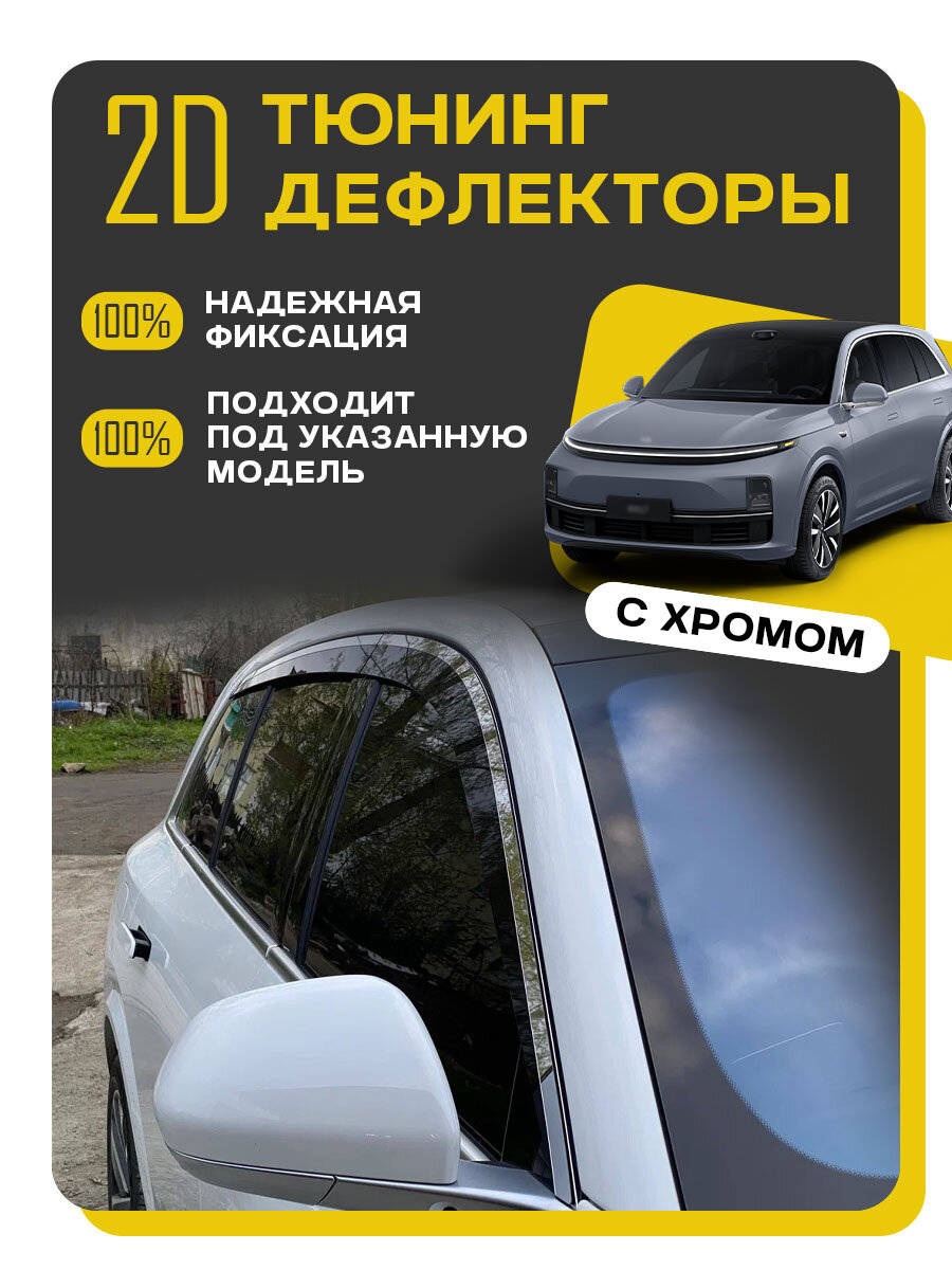 Плоские тюнинг дефлекторы с хромом для окон Lixiang L7 (2023-н. в) 1 поколение / Ветровики на Лисянг Л7. Комплект 6 шт.