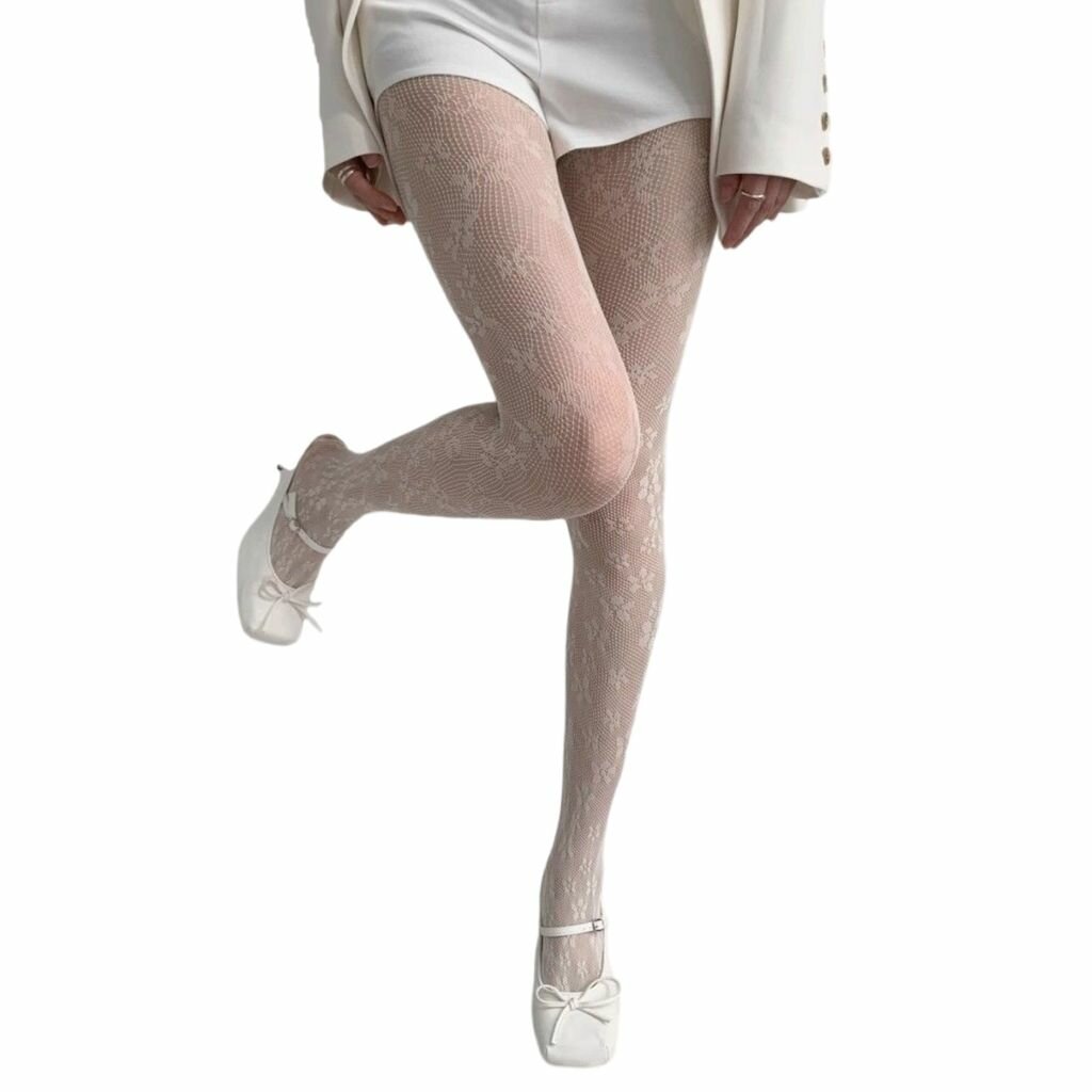 Кружевные сетчатые полые колготки с лепестками, чулки-Белый