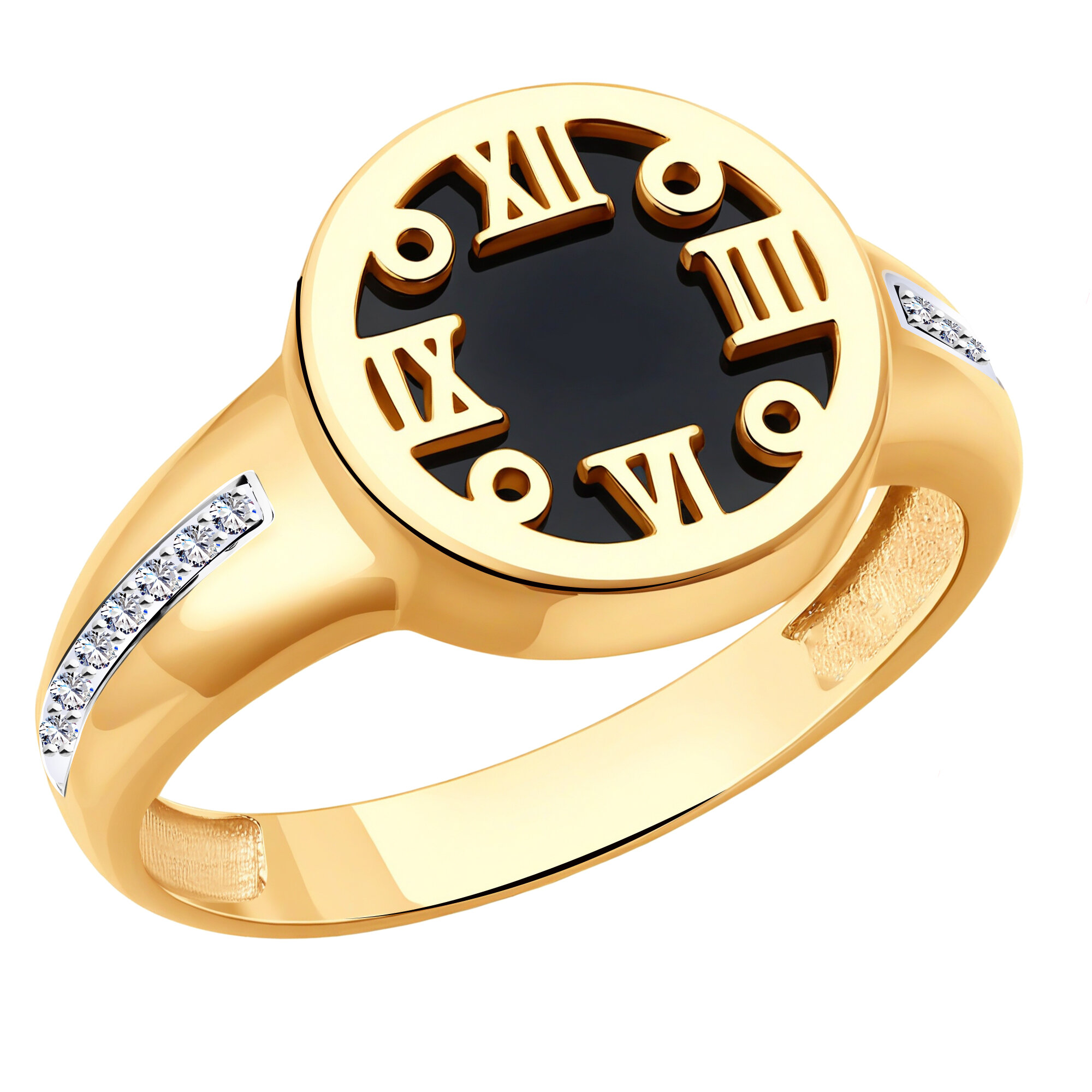 Кольцо, красное золото, 585 проба, фианит, оникс