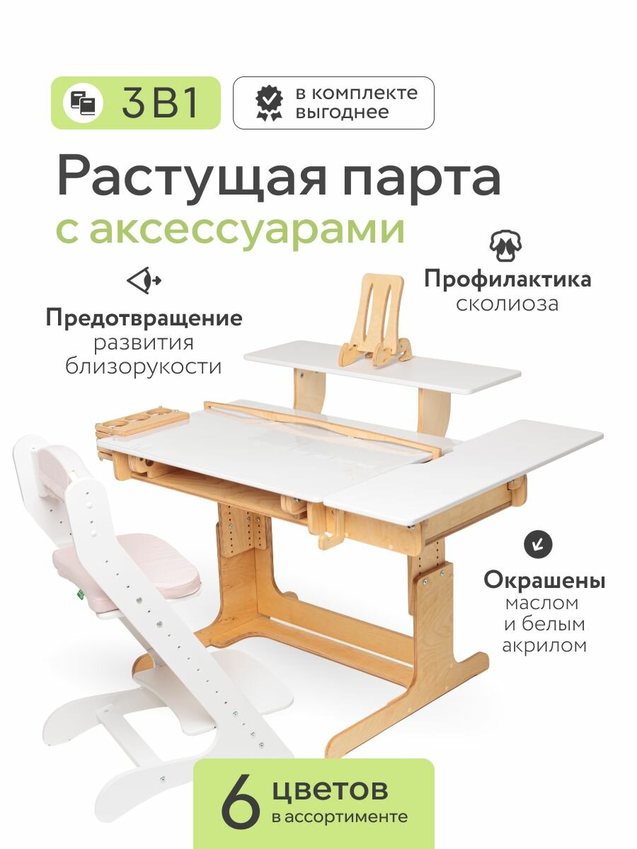 Парта растущая с аксессуарами, парта, растущий стул, с подушкой, аксессуары для парты, окрашен маслом и акрилом