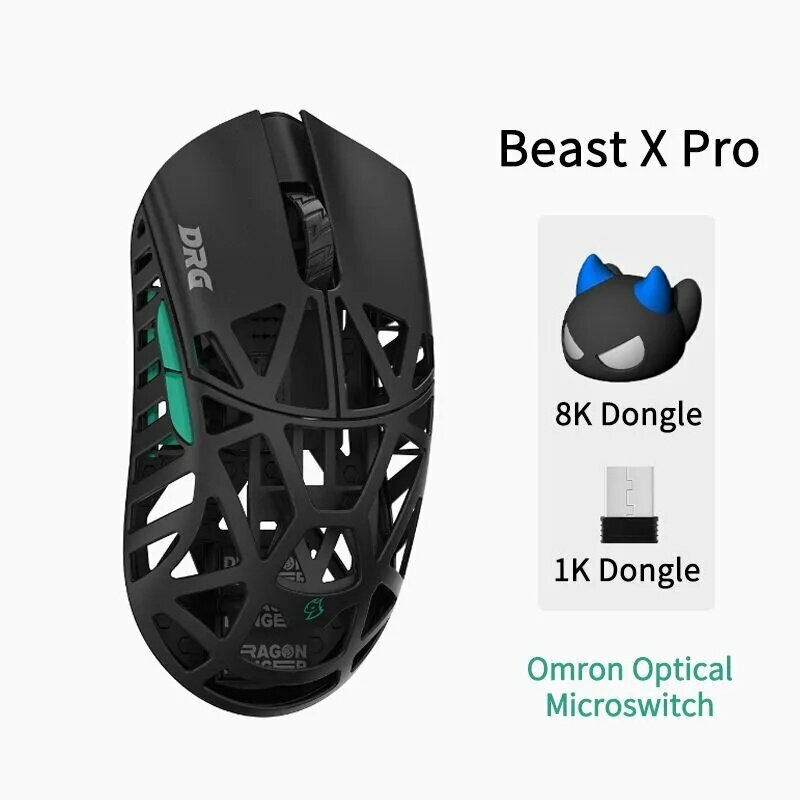 Игровая мышь беспроводная WLmouse Beast X Pro Omron Optical, 8K 2.4GHz и проводная, черный, зеленый