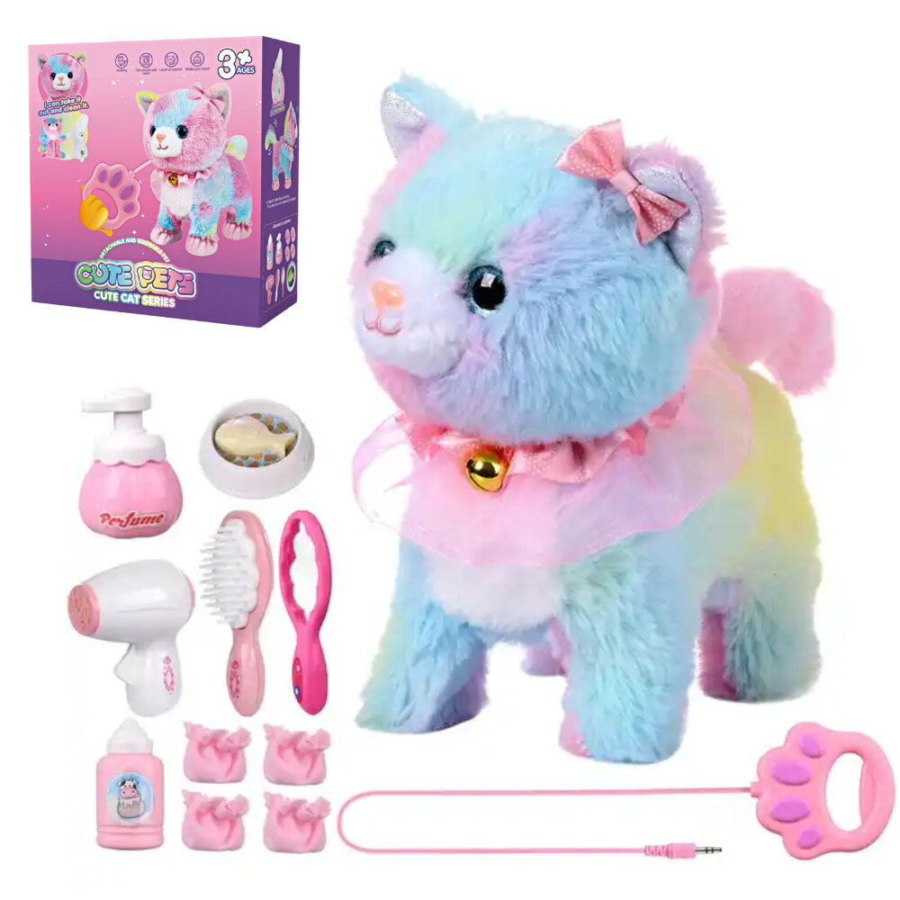 Интерактивная мягкая игрушка для детей Радужная кошка робот с поводком на батарейках, ходит, мяукает, с аксессуарами