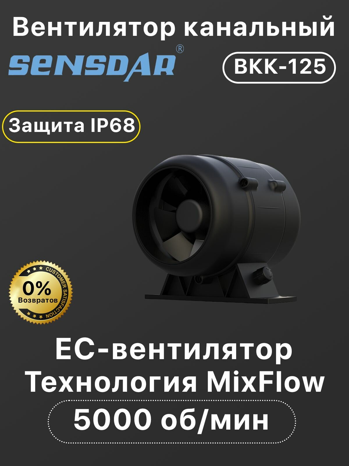 SENSDAR ip68 влагозащищенный ВКК 125мм канальный EC-вентилятор; 275 куб. м/ч с регулятором