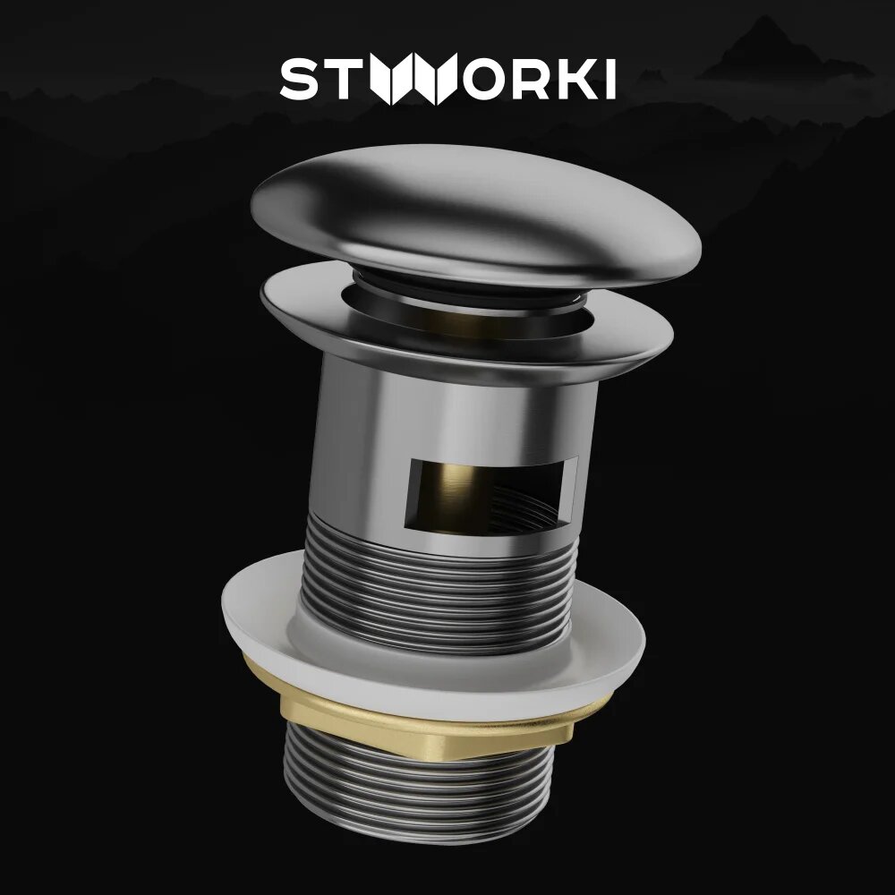 Донный клапан для раковины STWORKI SW-001GB с переливом, вороненая сталь, глянцевый, с системой клик-клак, латунный, сливной клапан для раковины, универсальный