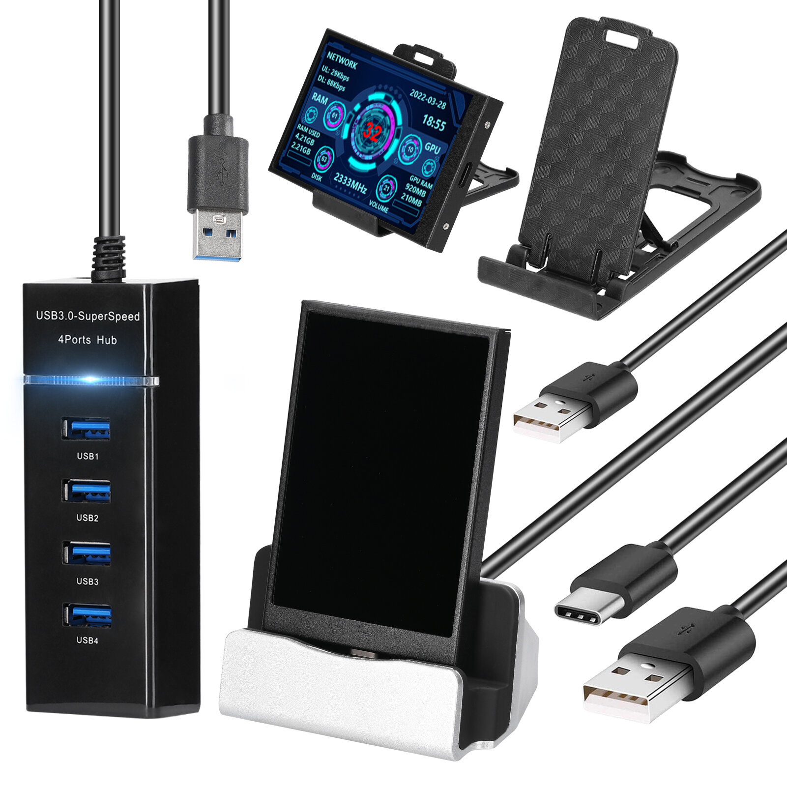 3,5-дюймовый IPS USB-монитор с дополнительным экраном для компьютера, процессора, видеокарты, оперативной памяти, с отображением времени, горизонтальным и вертикальным переключением экранов