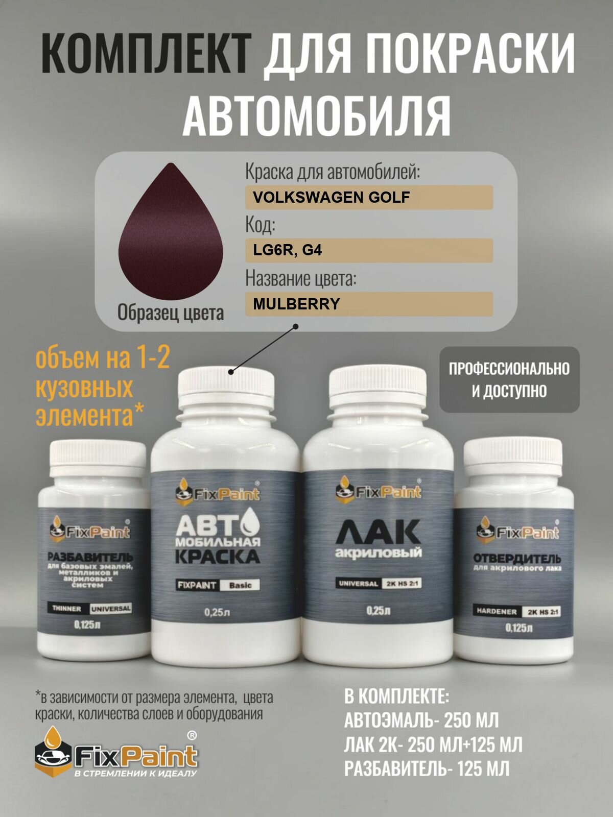 Комплект для покраски VOLKSWAGEN GOLF, код LG6R, G4, MULBERRY, базовая автомобильная краска 250 мл, лак 2K 250 мл с отвердителем, разбавитель 125 мл, FixPaint Pro