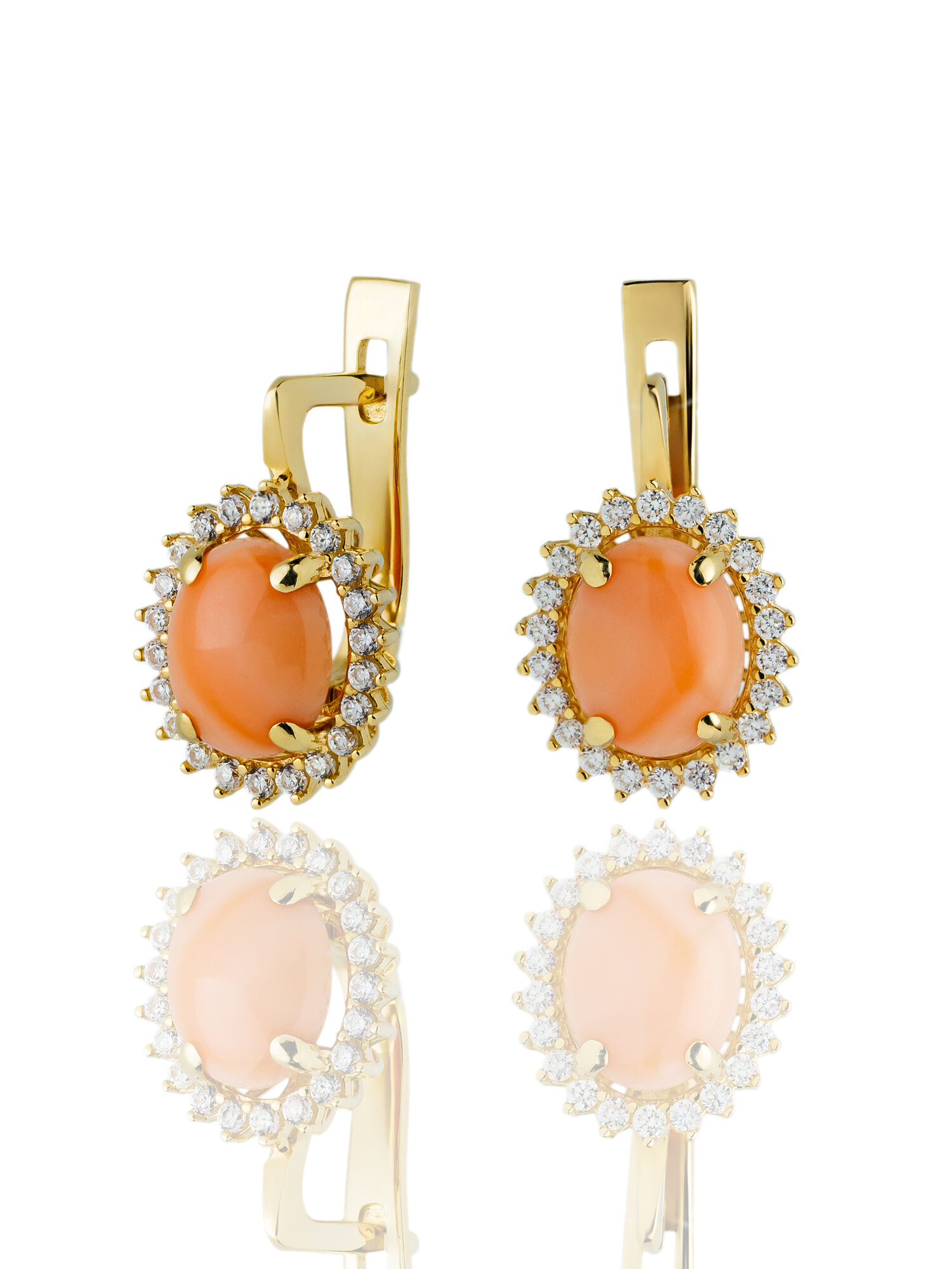 Серьги, желтое золото, 585 проба, фианит, коралл