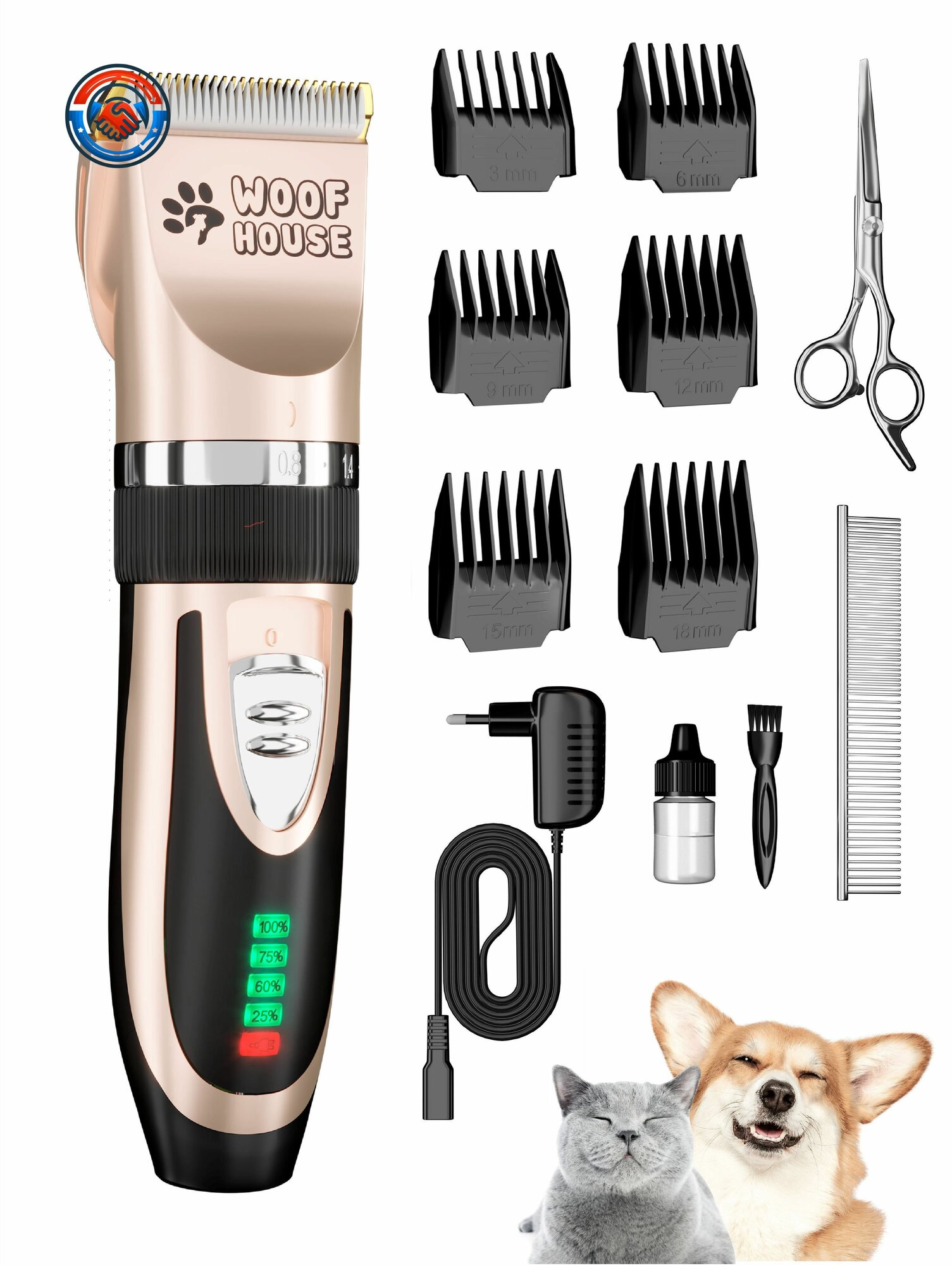 Беспроводная машинка для стрижки собак и кошек, тихая грумер-насадка 45 мм, 6 насадок, 2 скорости, аккумулятор 2 ч, дисплей, керамотитановый нож, набор для домашнего груминга