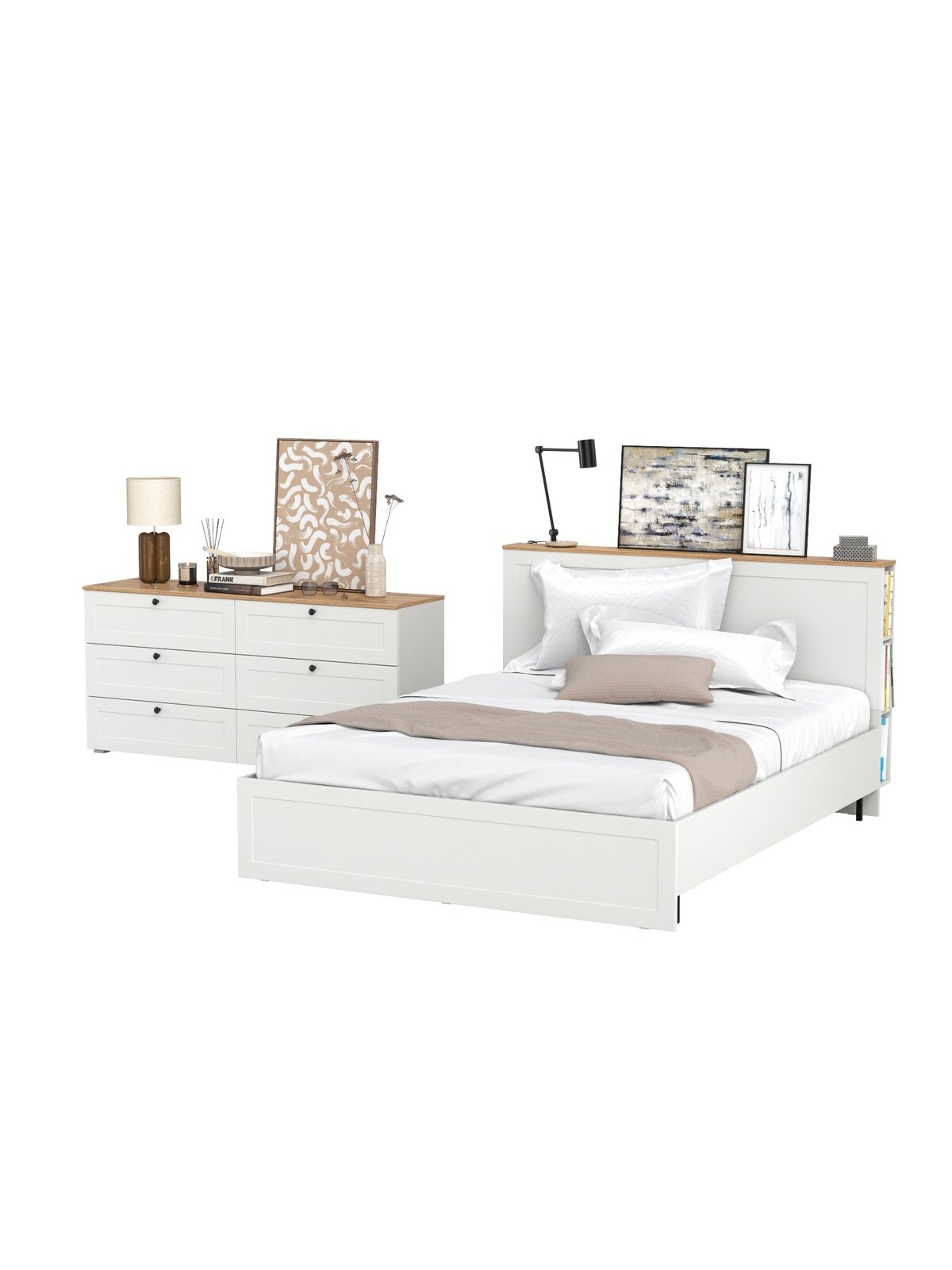 Большой вместительный комод Остин 16.240 кровать Остин 1600, белый шагрень/дуб крафт