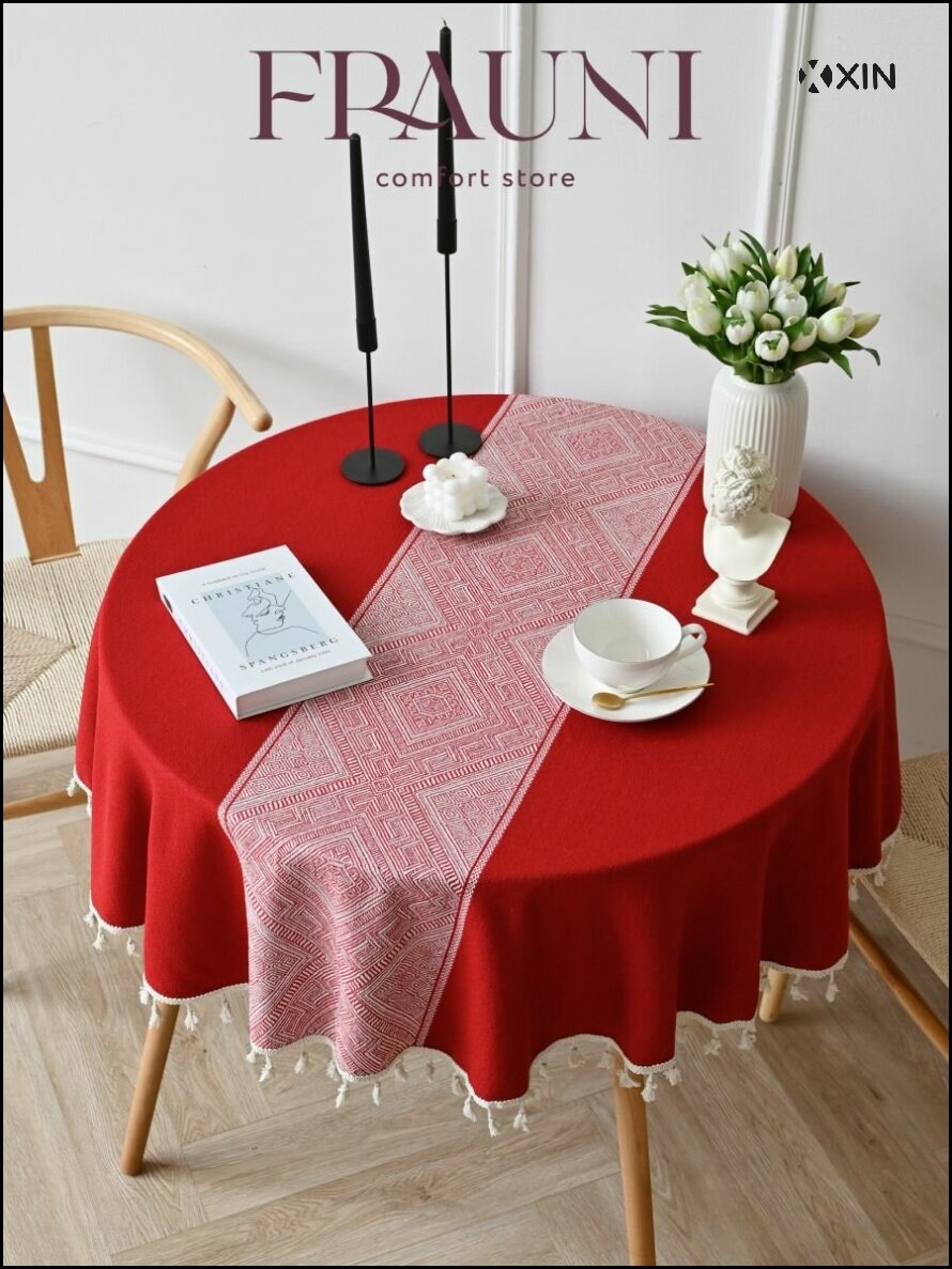 Скатерть, текстиль, круглая, красная, бахрома, орнамент, 150см